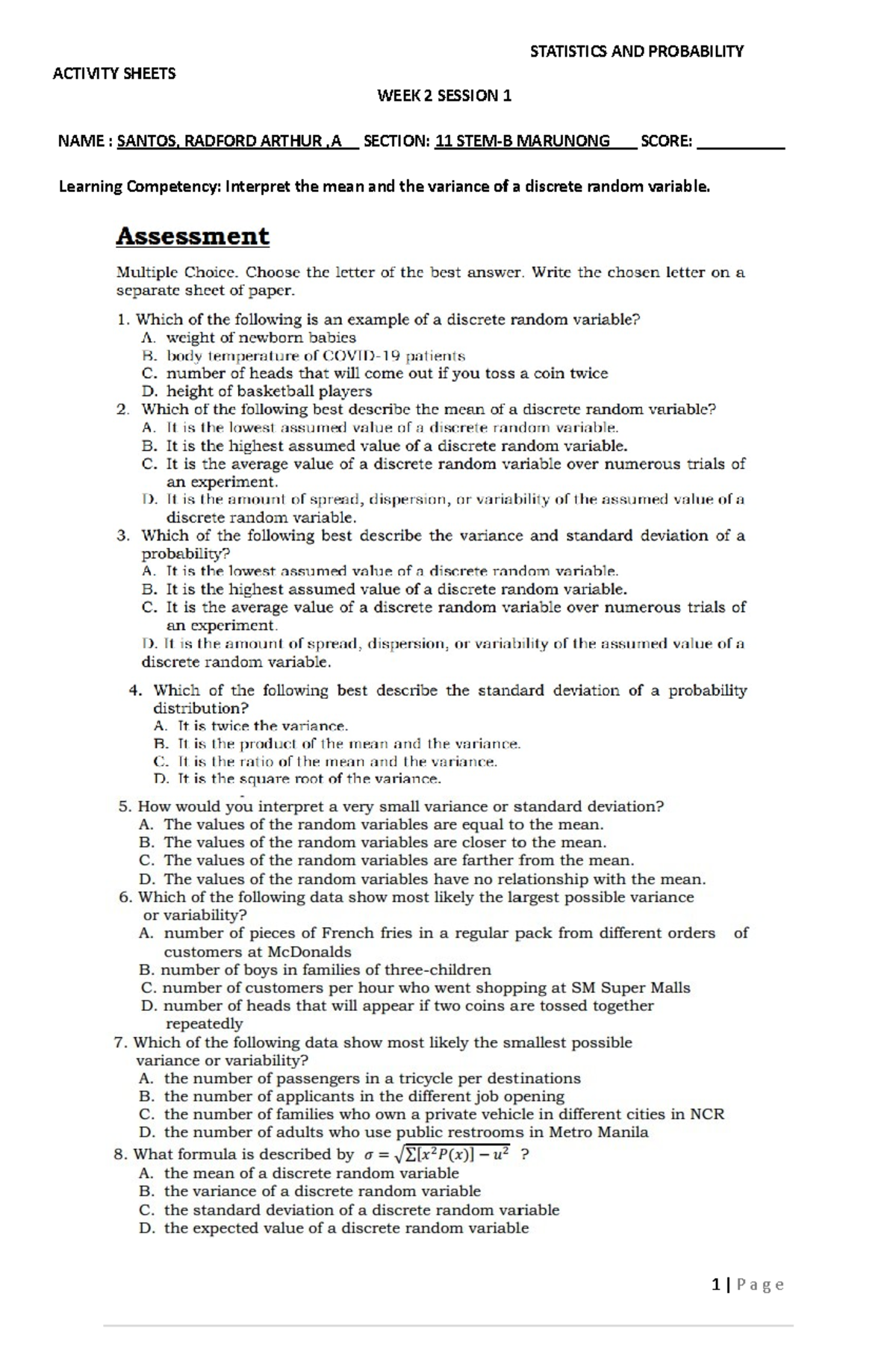 Statistics AND Probability Week 2 Activity Sheets - STATISTICS AND ...