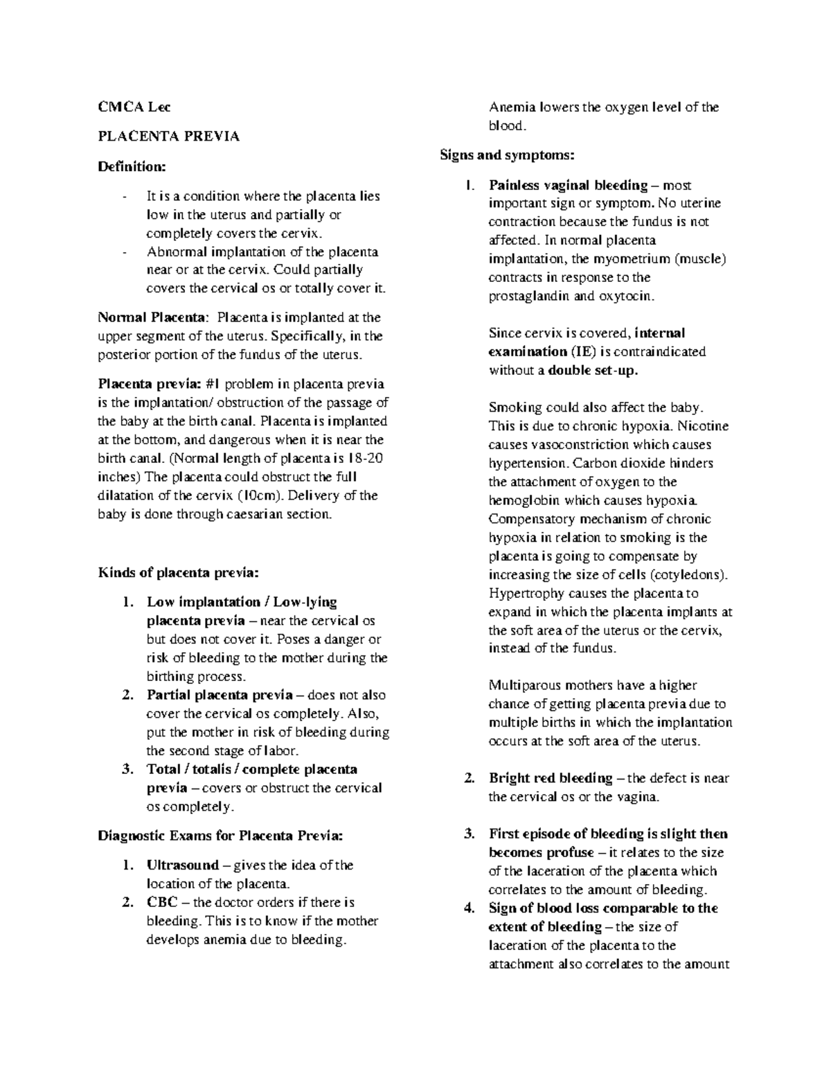 Placenta previa and abruptio placenta notes - CMCA Lec PLACENTA PREVIA ...