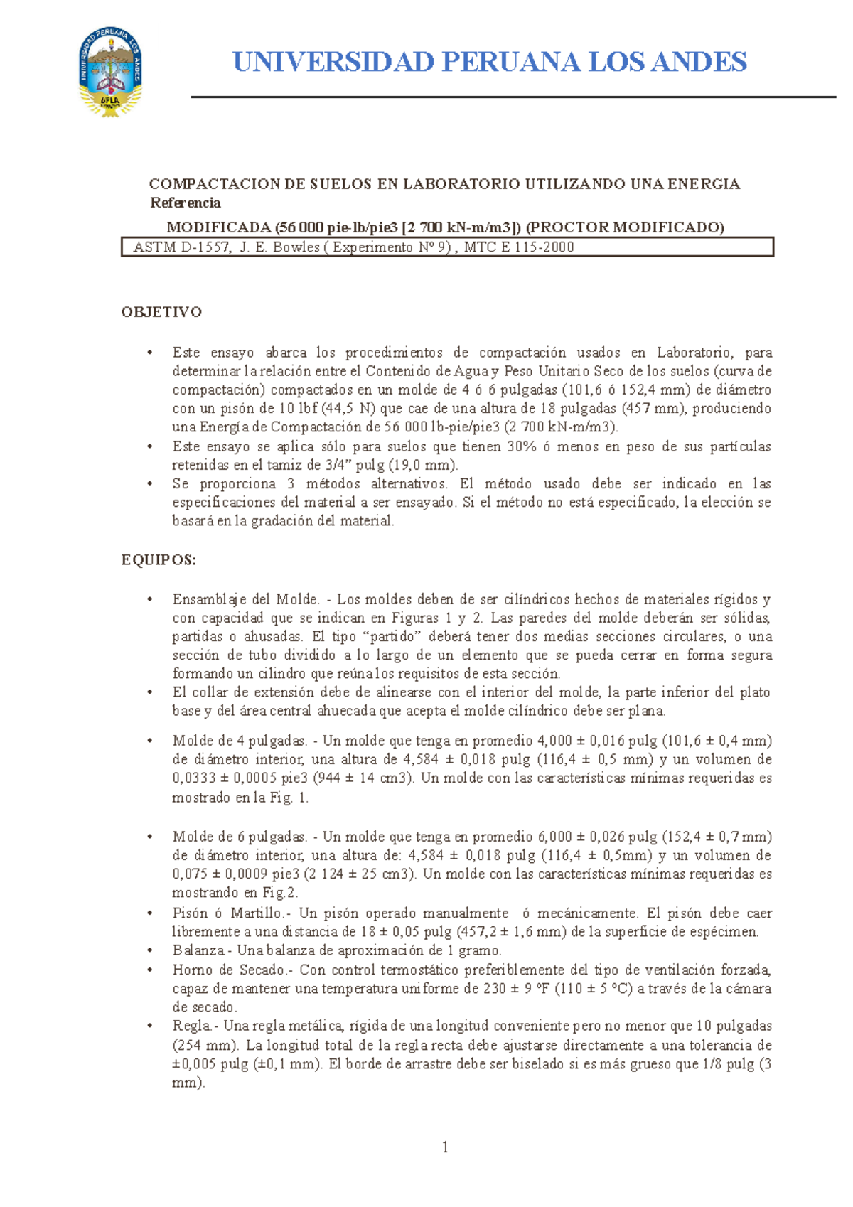 Proctor Modificado - UNIVERSIDAD PERUANA LOS ANDES COMPACTACION DE ...