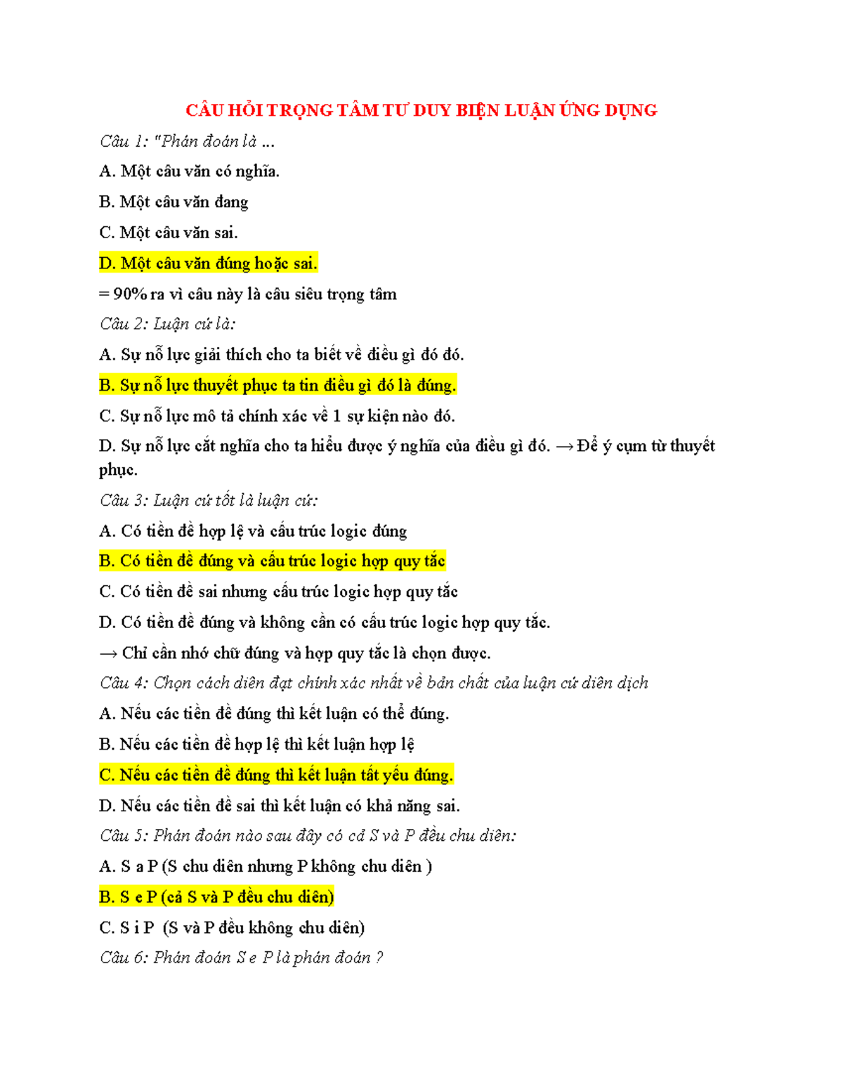 Trăc nghiệm TDBL - ... - CÂU HỎI TRỌNG TÂM TƯ DUY BIỆN LUẬN ỨNG DỤNG ...