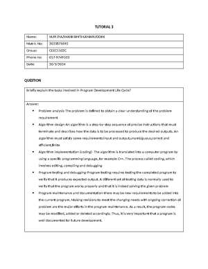 Tutorial 1 - ...... - fundamentals of computer problem solving - TUTORIAL 1 Name: NUR SYAZWANI ...