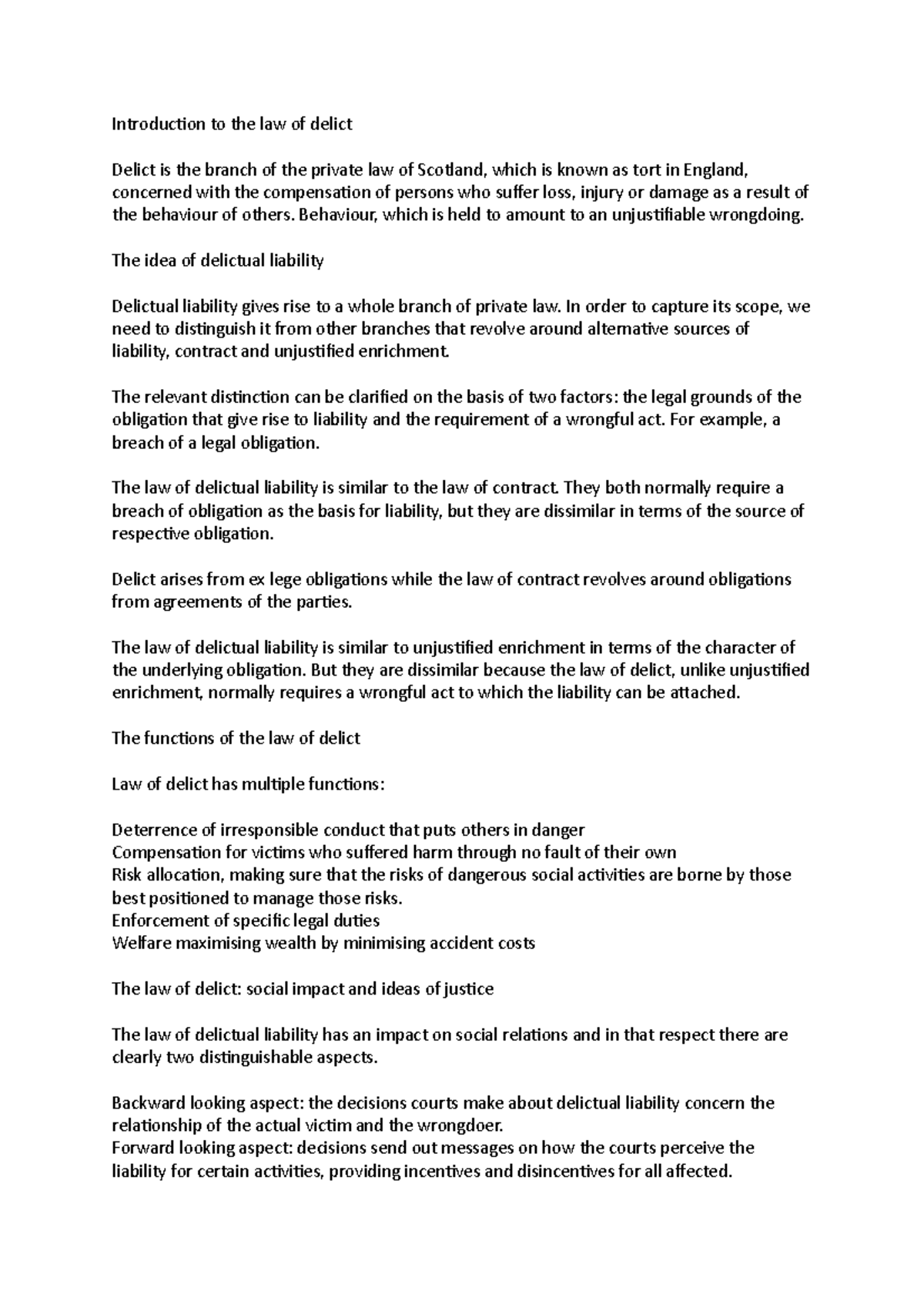 Introduction to the law of delict - notes - Introduction to the law of ...