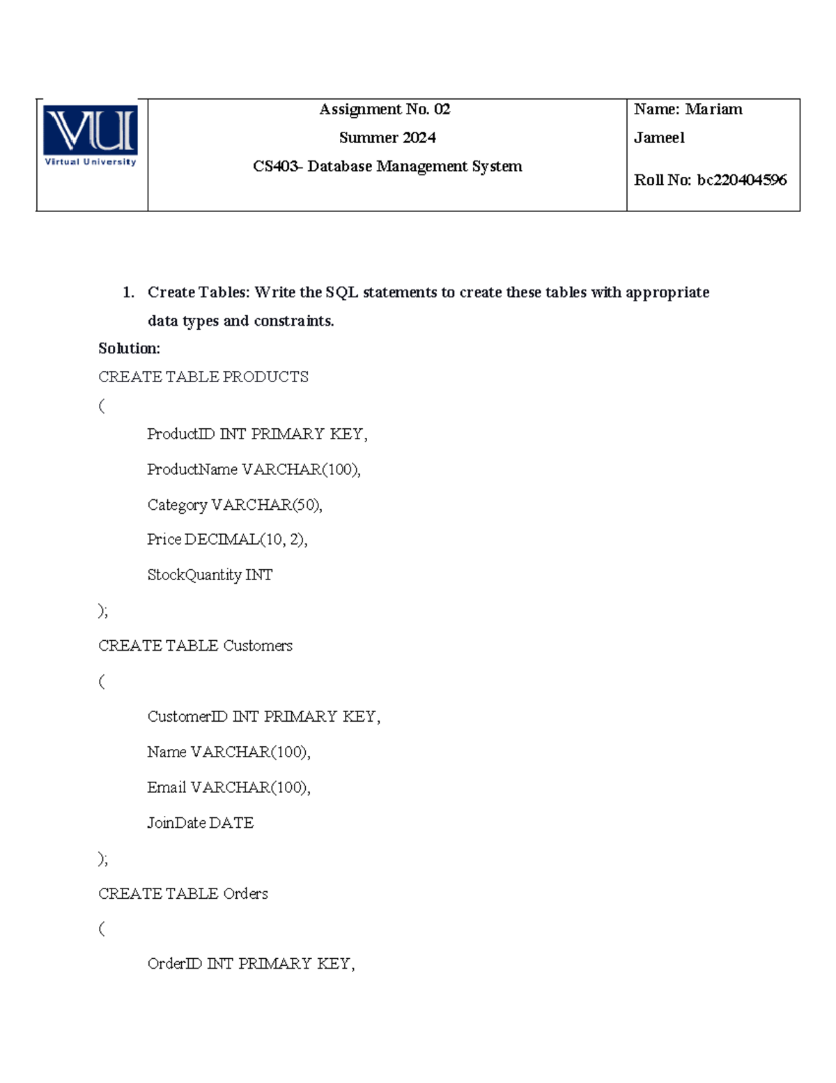 Summer 2024 CS403 2 Solution - Assignment No. 02 Summer 2024 CS403- Database Management System ...