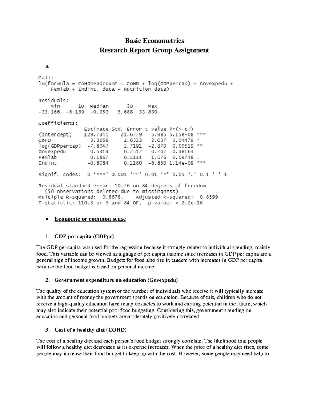 ECON1066 Group Assessment Final - Basic Econometrics Research Report Group Assignment a ...