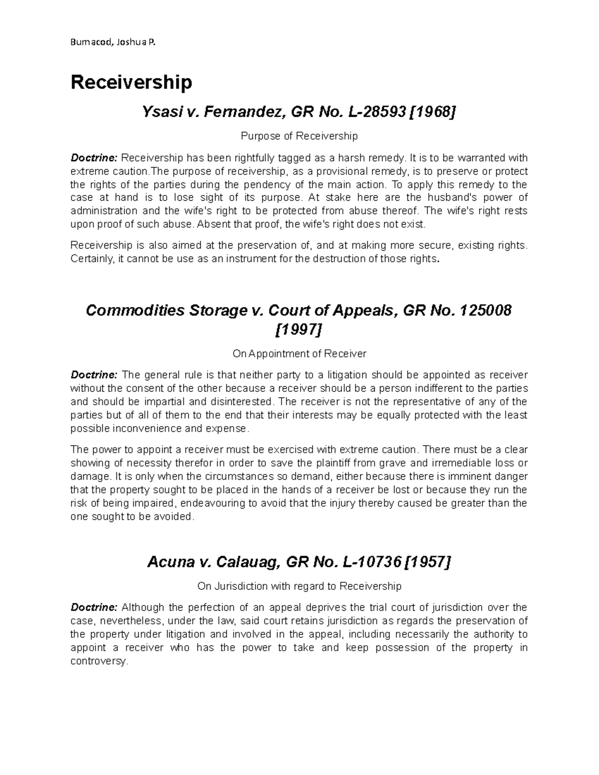 Case-doctrines-Bumacod - Bumacod, Joshua P. Receivership Ysasi v. Fernandez, GR No. L-28593 ...