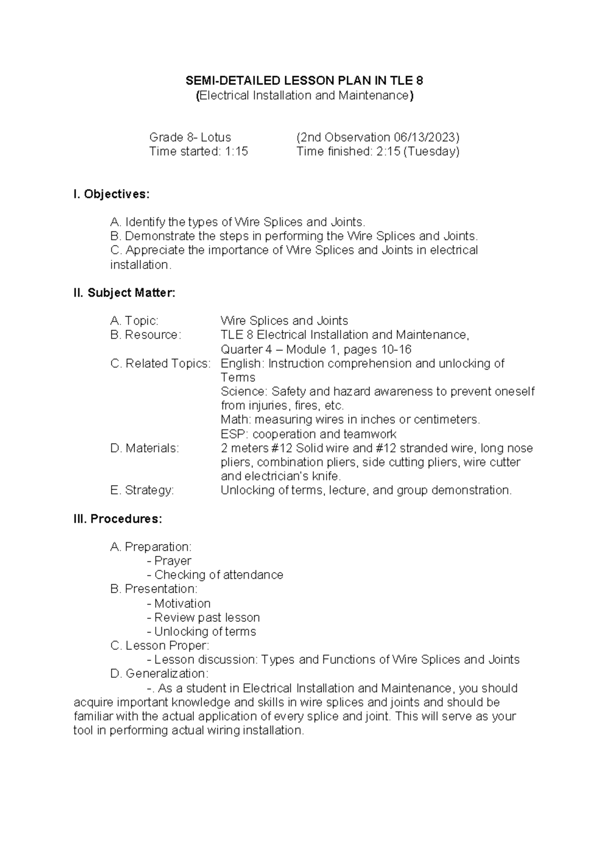 COT-LP2 - Lessonplan - SEMI-DETAILED LESSON PLAN IN TLE 8 (Electrical ...