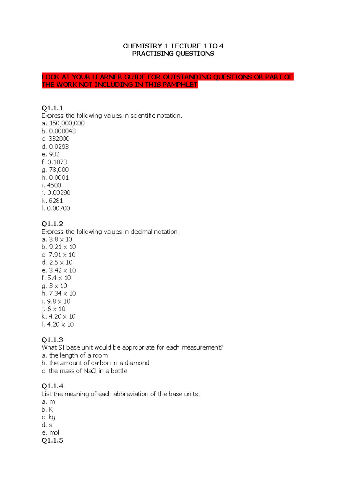 Units and Unit Measurements Problems Lecture 1 to 4 Chemistry 1 - CHEMISTRY 1 LECTURE 1 TO 4 ...