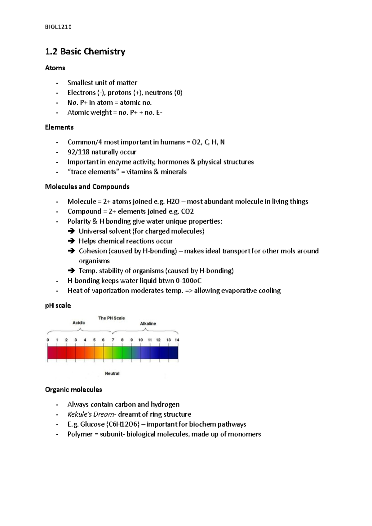 Bio1210 notes - 1 Basic Chemistry Atoms Smallest unit of matter ...