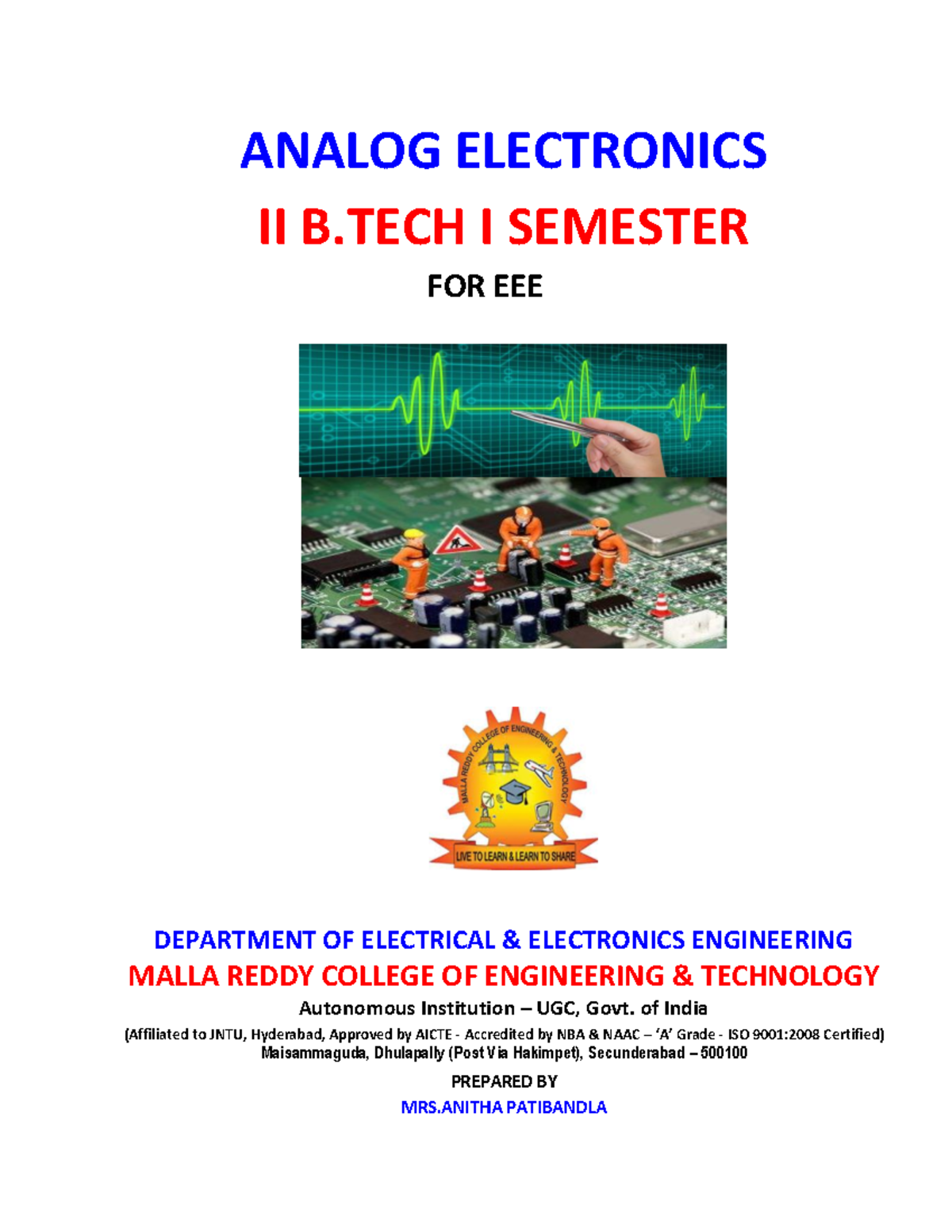 Analog Electronics - 1112 - ANALOG ELECTRONICS II B I SEMESTER FOR EEE DEPARTMENT OF ELECTRICAL ...