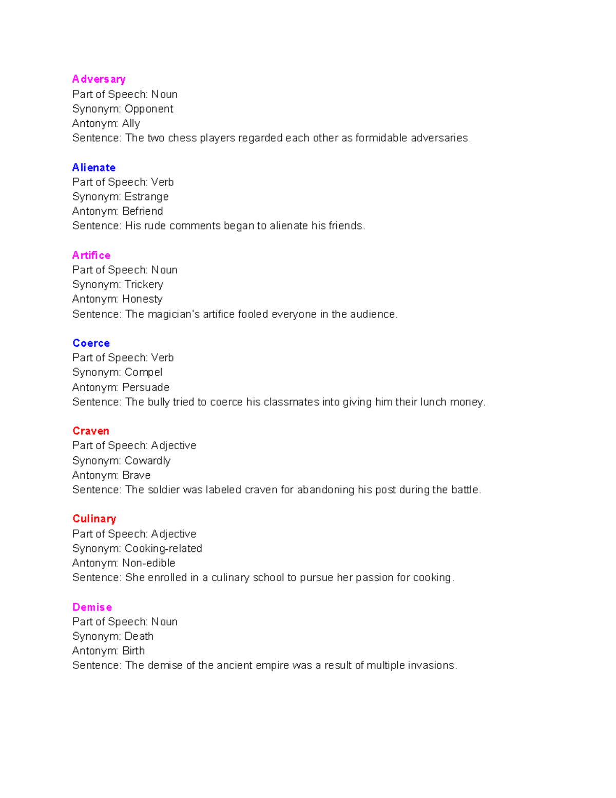 Unit 3 voc - mmn m knlyuvhbjn - Adversary Part of Speech: Noun Synonym ...