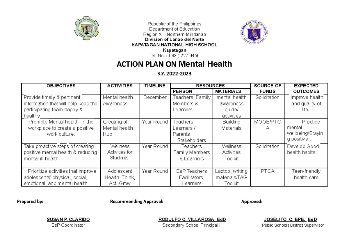 Action PLAN ON Mental Health f - Republic of the Philippines Department ...