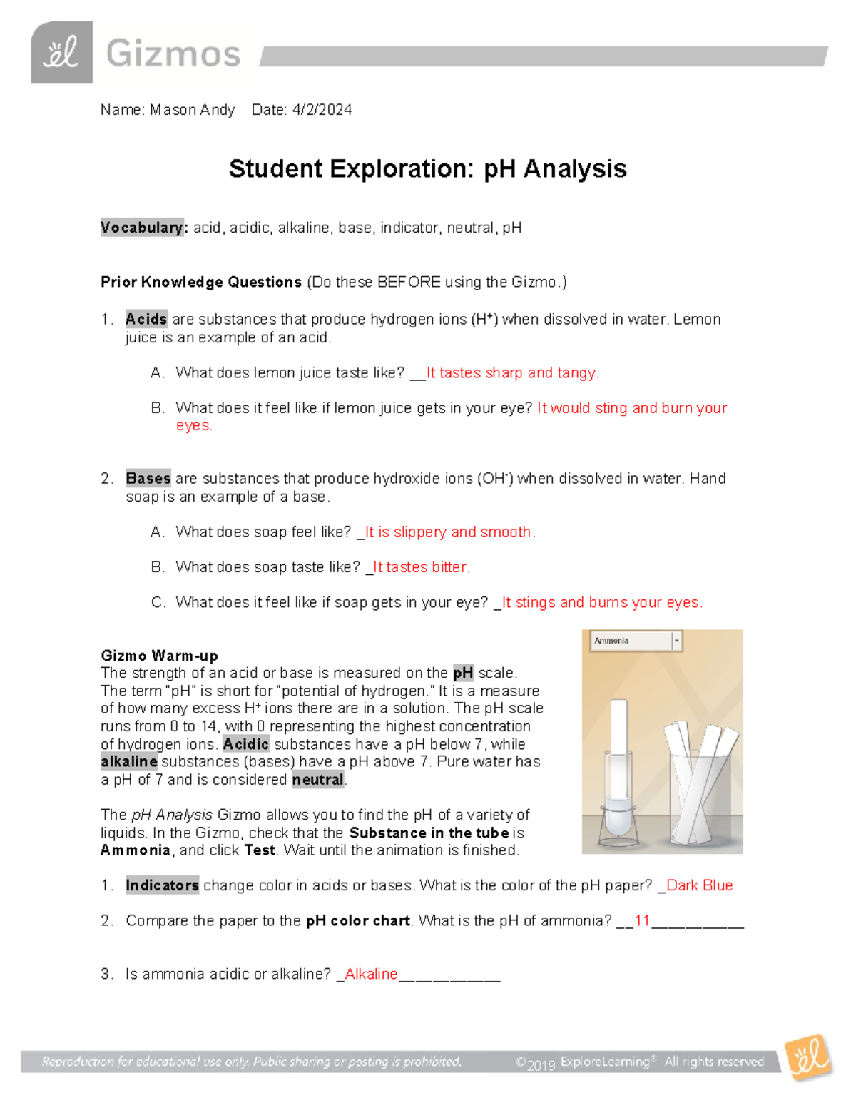 P H Analysis Worksheet Gizmo - 2019 Name: Mason Andy Date: 4/2/ Student Exploration: pH Analysis ...