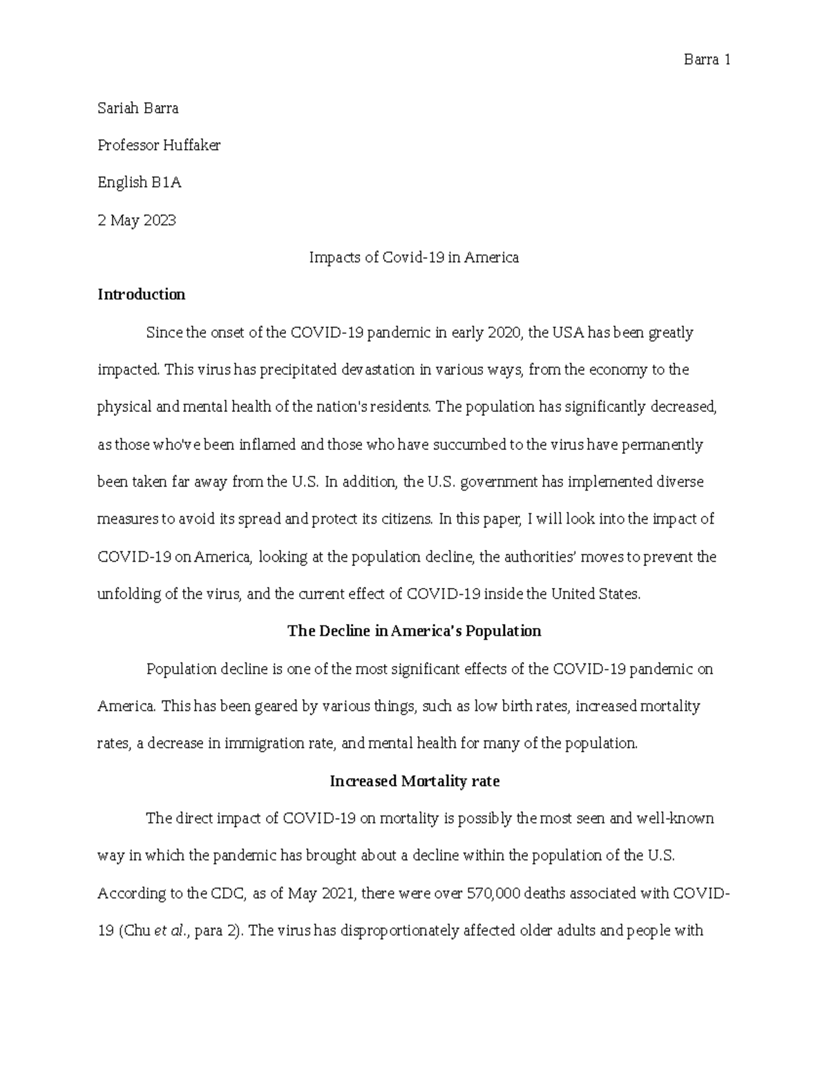 Impacts-of-Covid 19-in-America - Sariah Barra Professor Huffaker ...