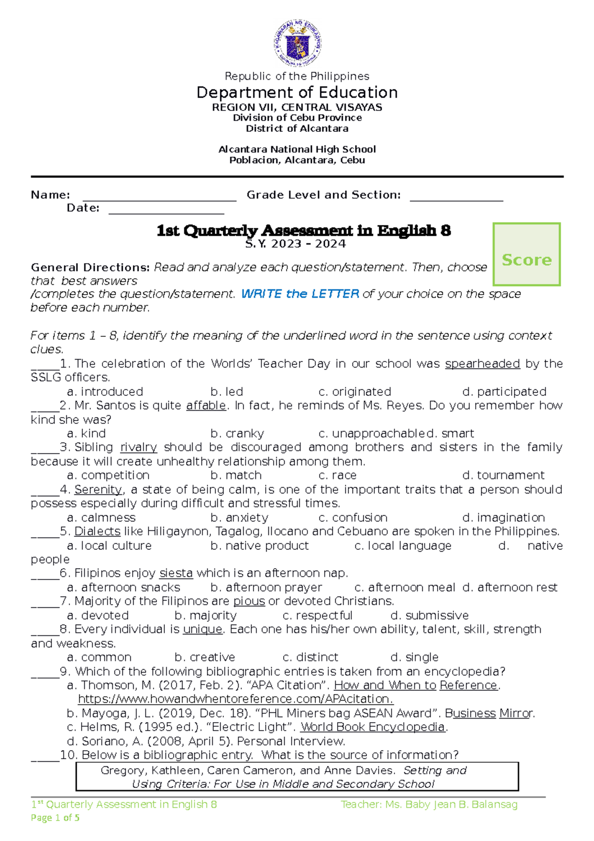 QA-English 8-Q1 - JJJ - Republic of the Philippines Department of ...