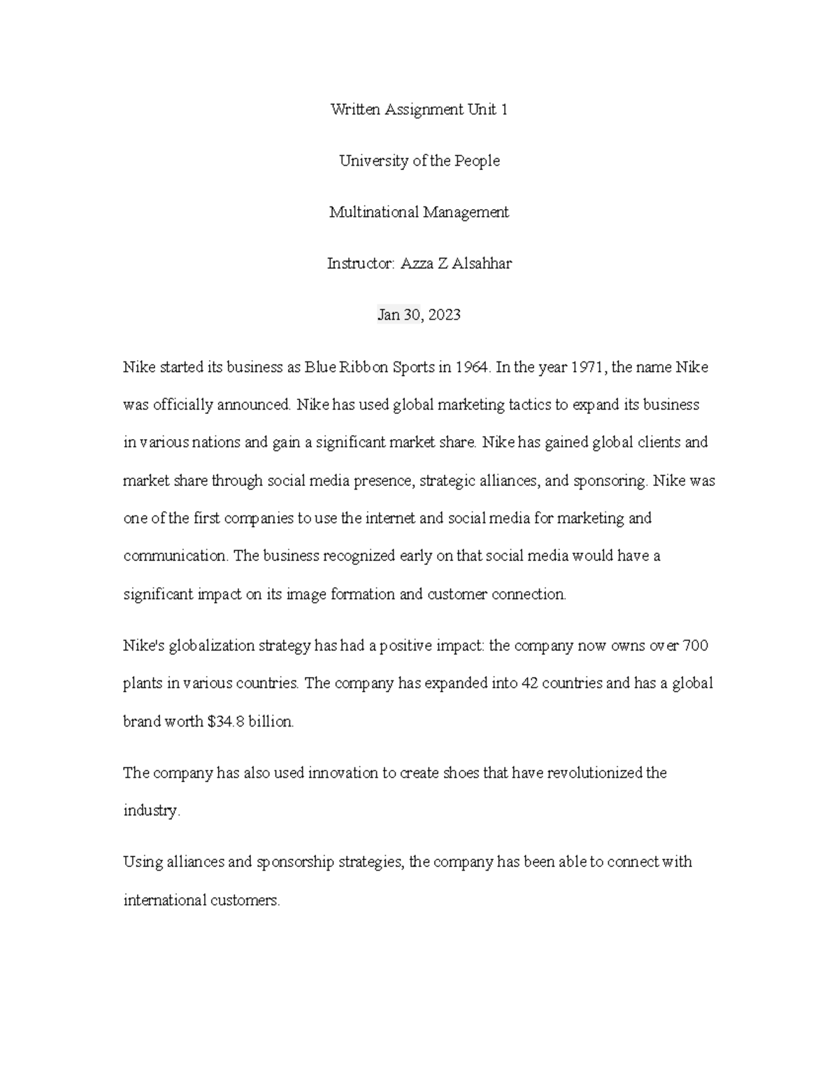 Written Assign UNIT1 - Written Assignment Unit 1 University of the People Multinational ...