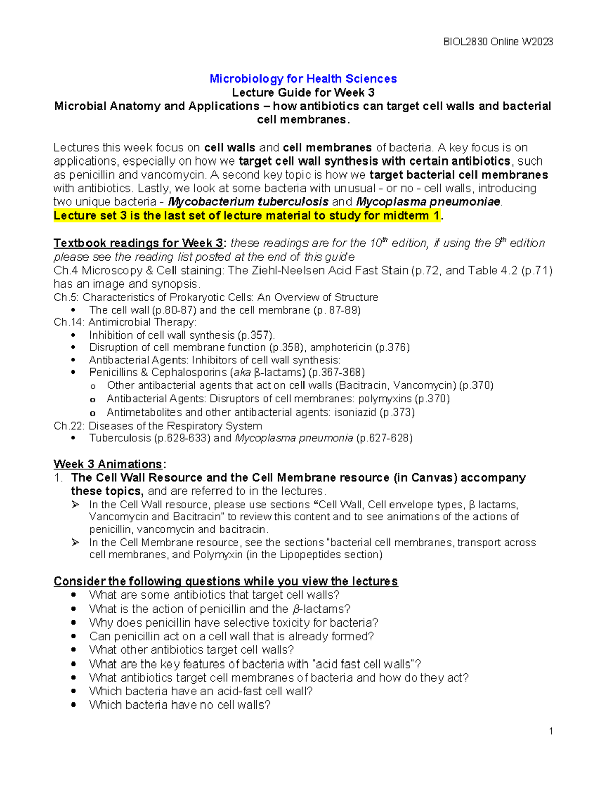 BIOL2830 Week3 Lecture Guide 2023 in-person - BIOL2830 Online W ...