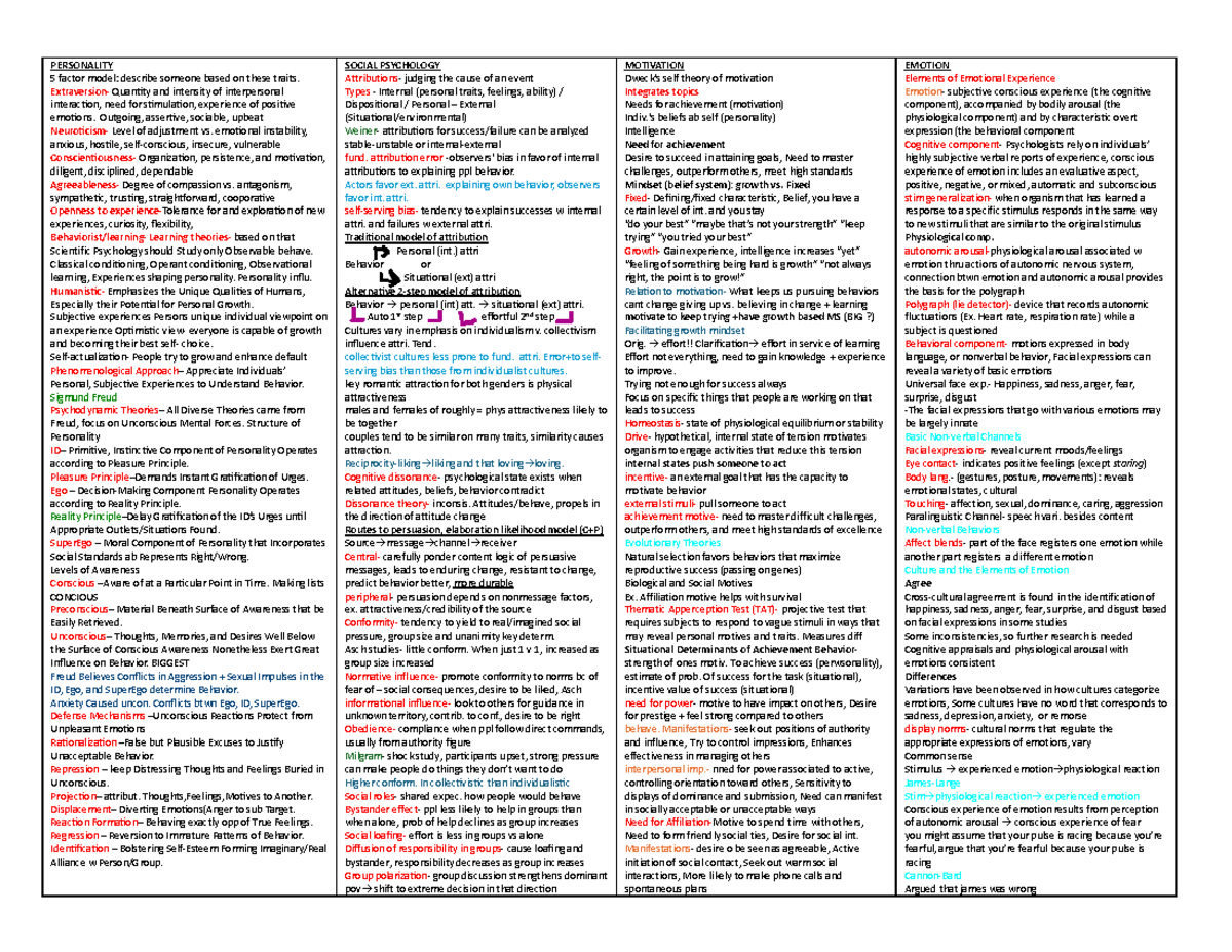 Cheat Sheet EXAM 3 - PERSONALITY 5 factor model: describe someone based ...