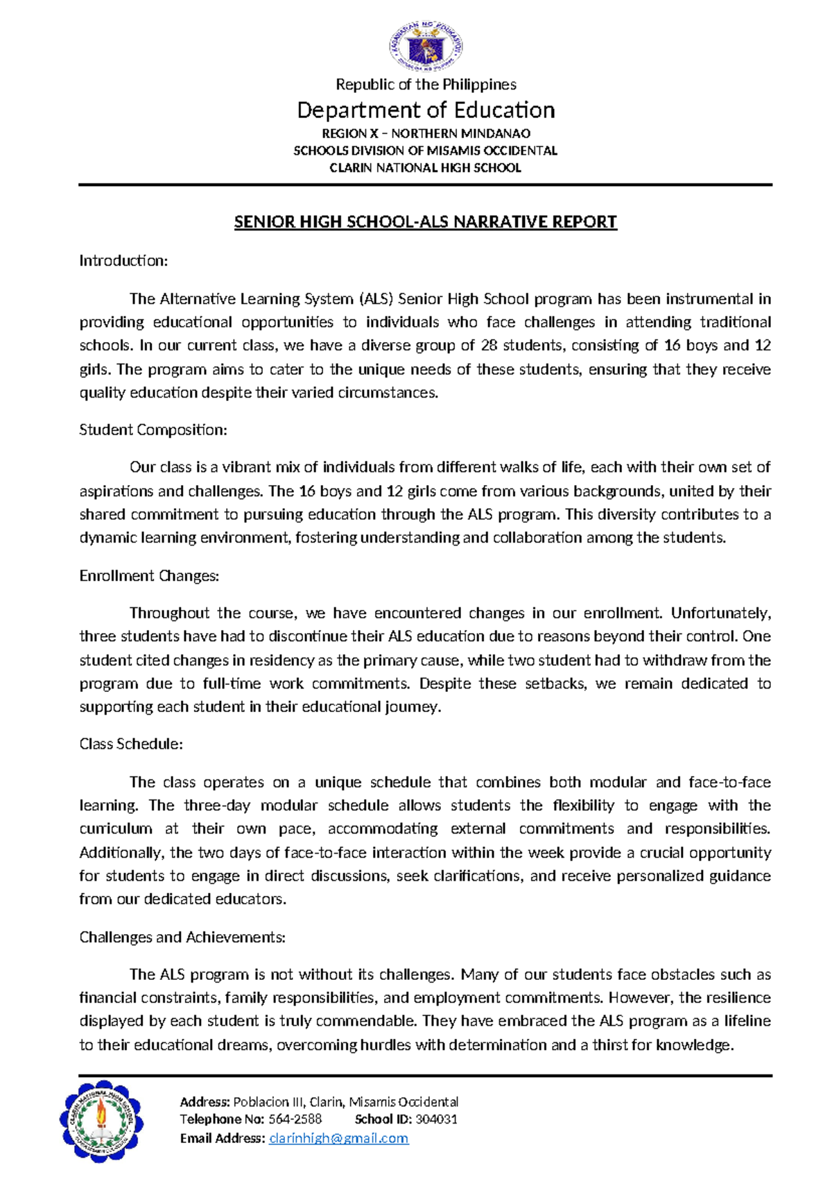 SHS ALS Narrative Report - Republic of the Philippines Department of ...