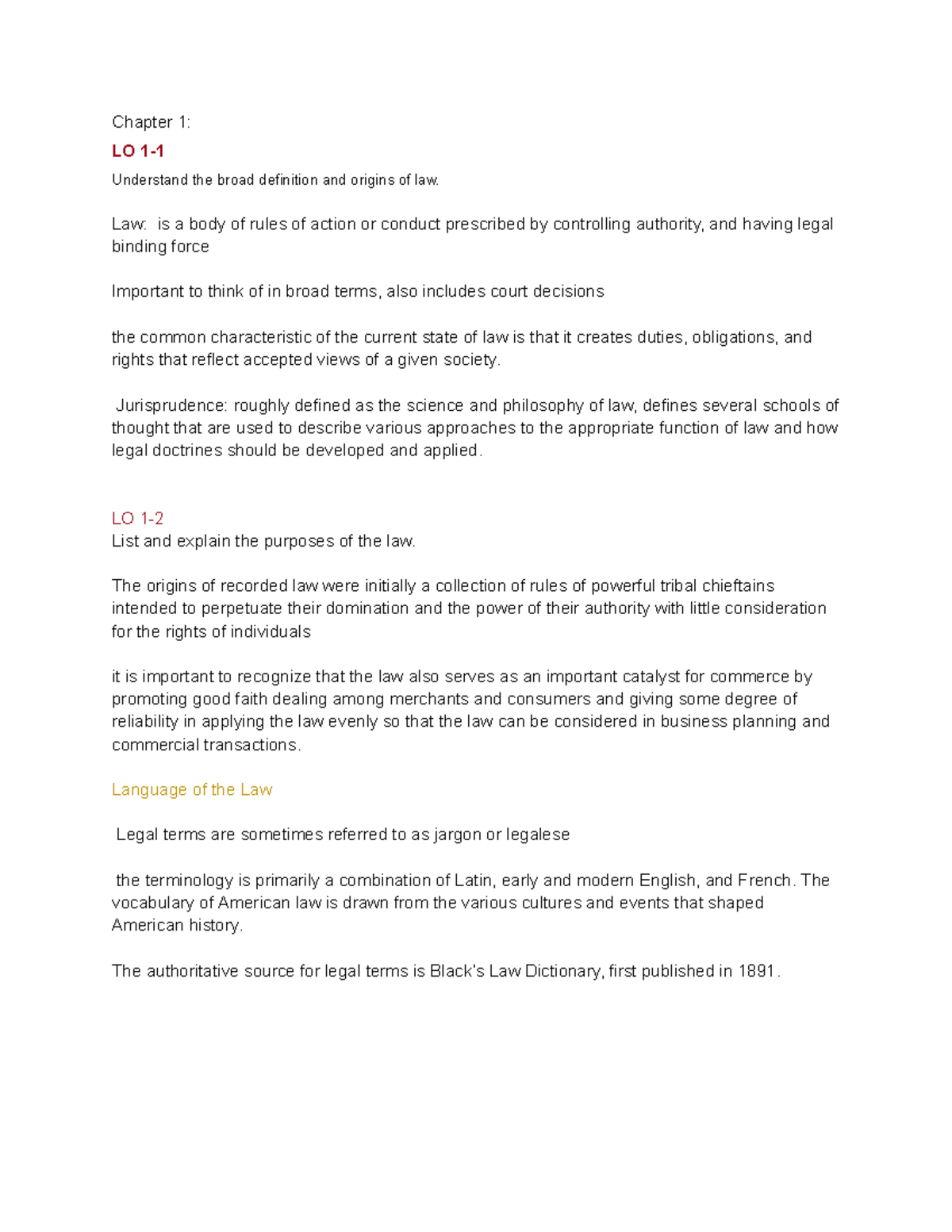 BUL 3130 notes - Chapter 1: LO 1- Understand the broad definition and ...