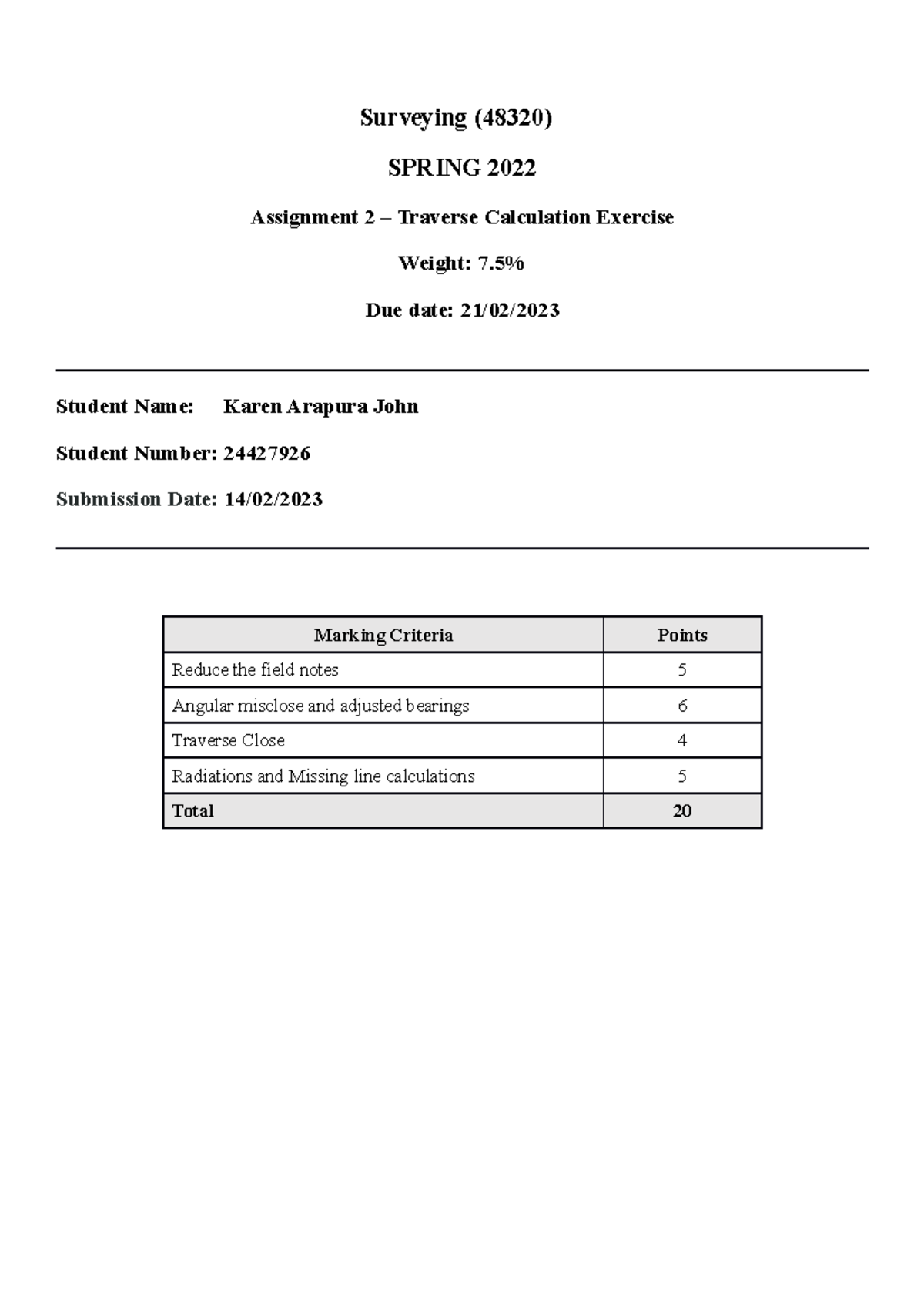 Surveying traverse assignment - Surveying (48320) SPRING 2022 ...