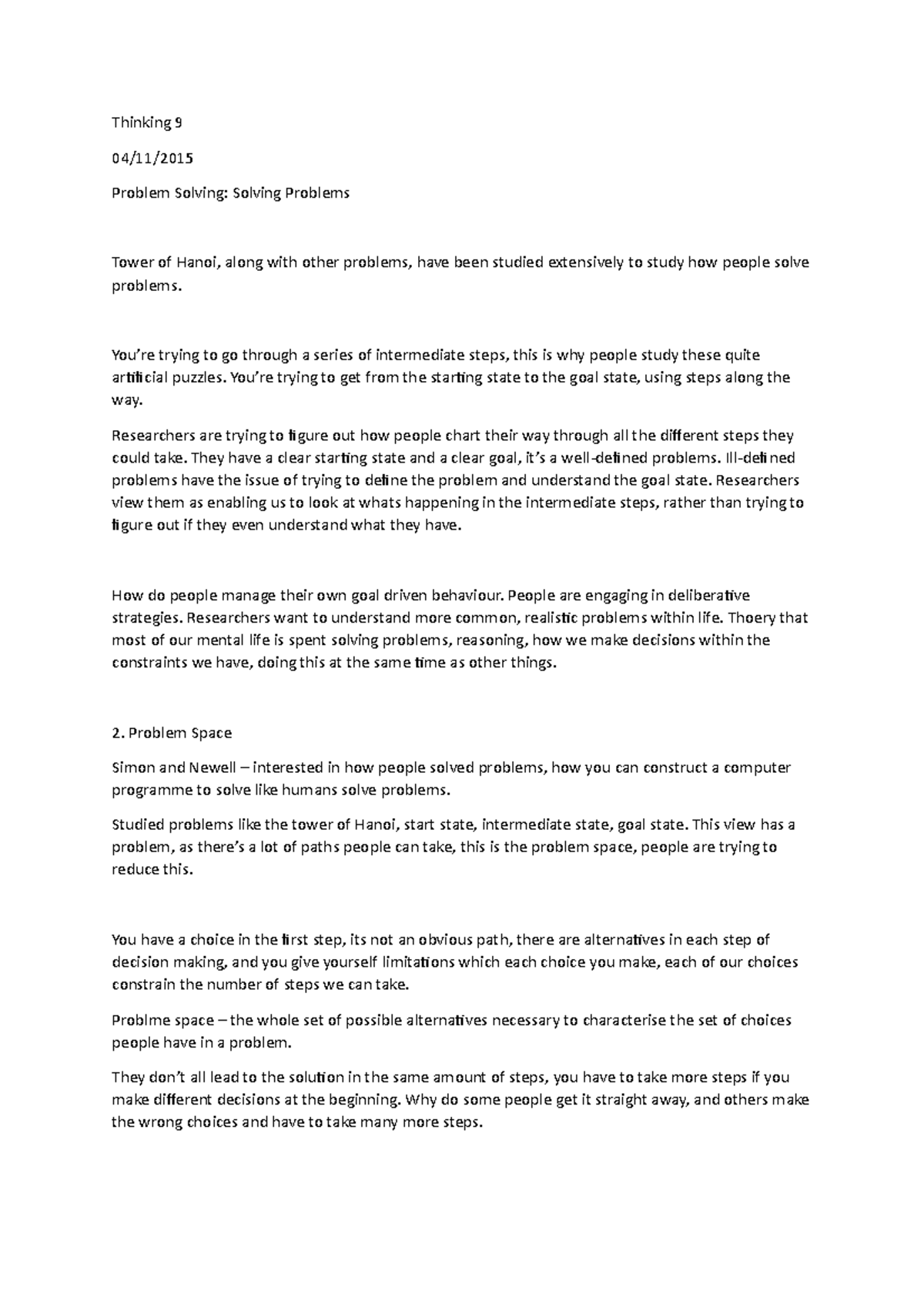 Problem Solving: Solving Problems - Thinking 9 04/11/2015 Problem ...