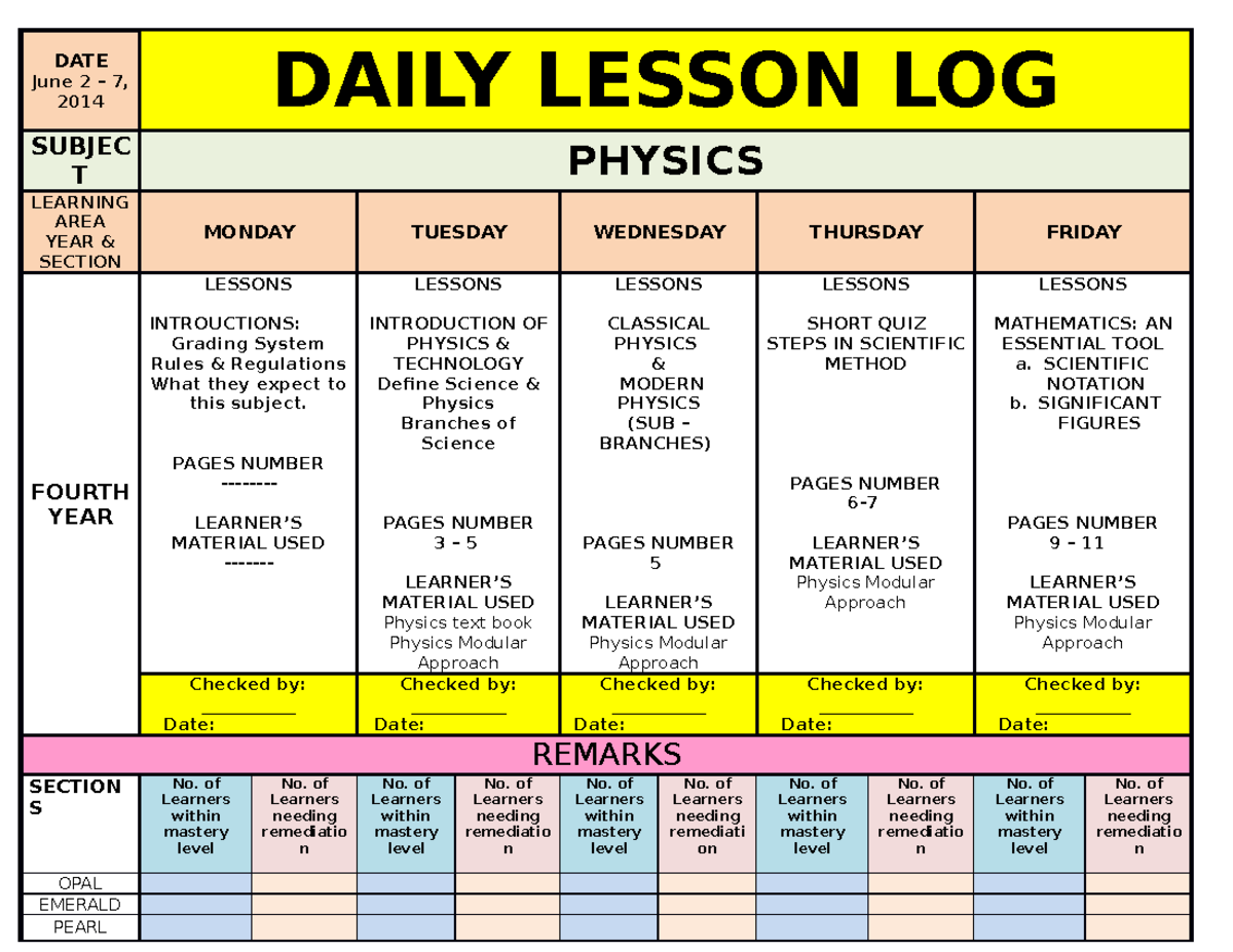 Dll Physics June 2-6, 2014 - DATE June 2 – 7, 2014 DAILY LESSON LOG ...