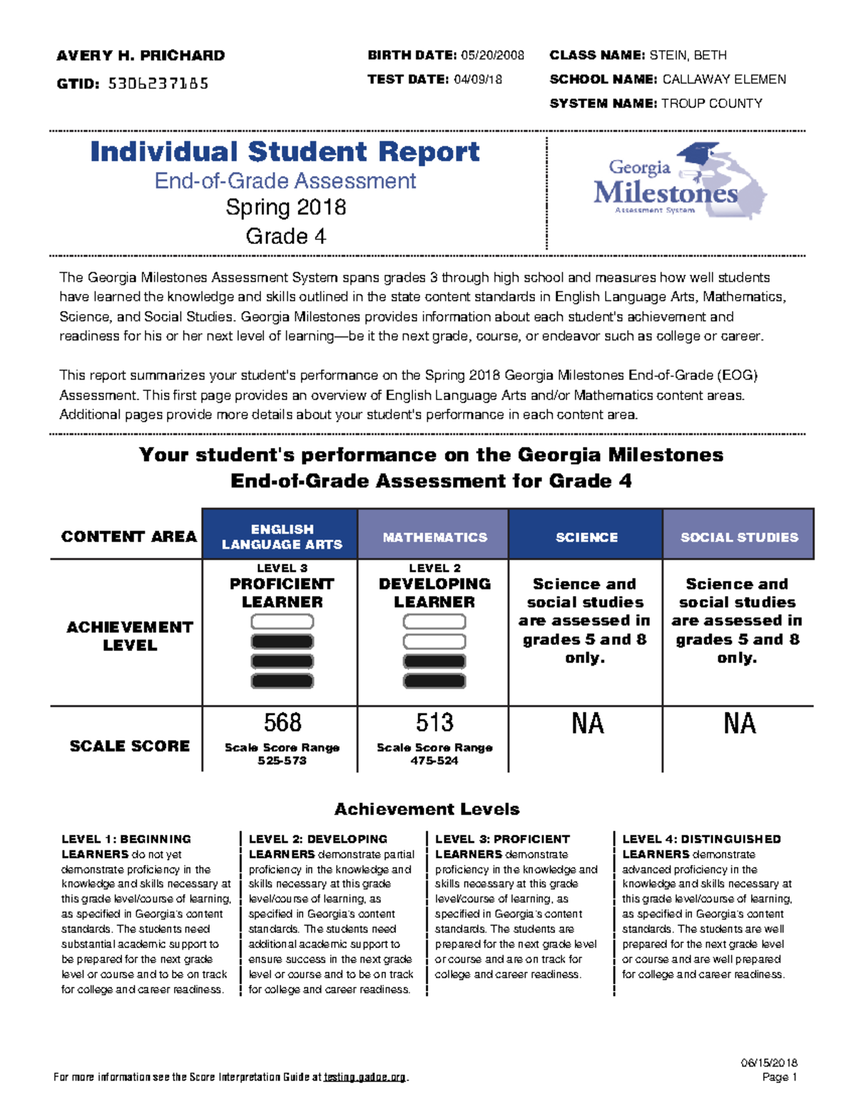 Prichard-Avery 2018 Spring EOG ISR - Individual Student Report End-of ...