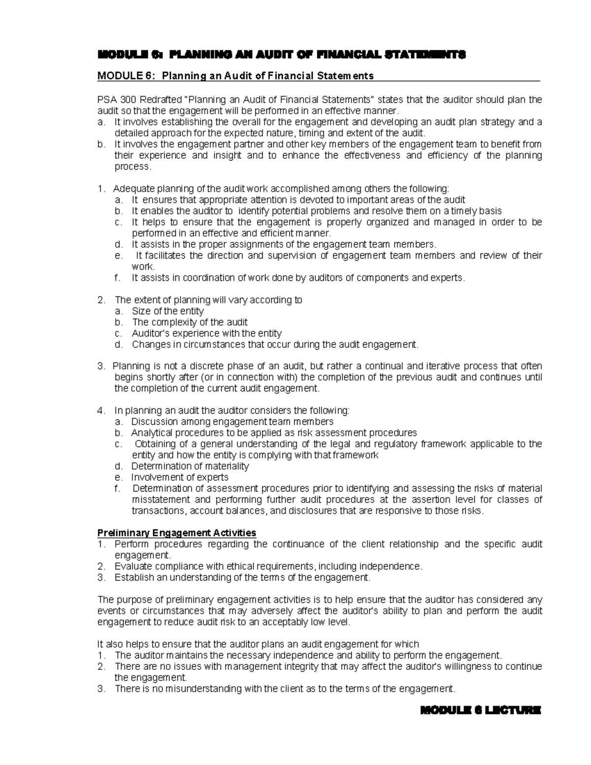 Module 6 Planning an Audit of Financial Statements - MODULE 6: PLANNING ...