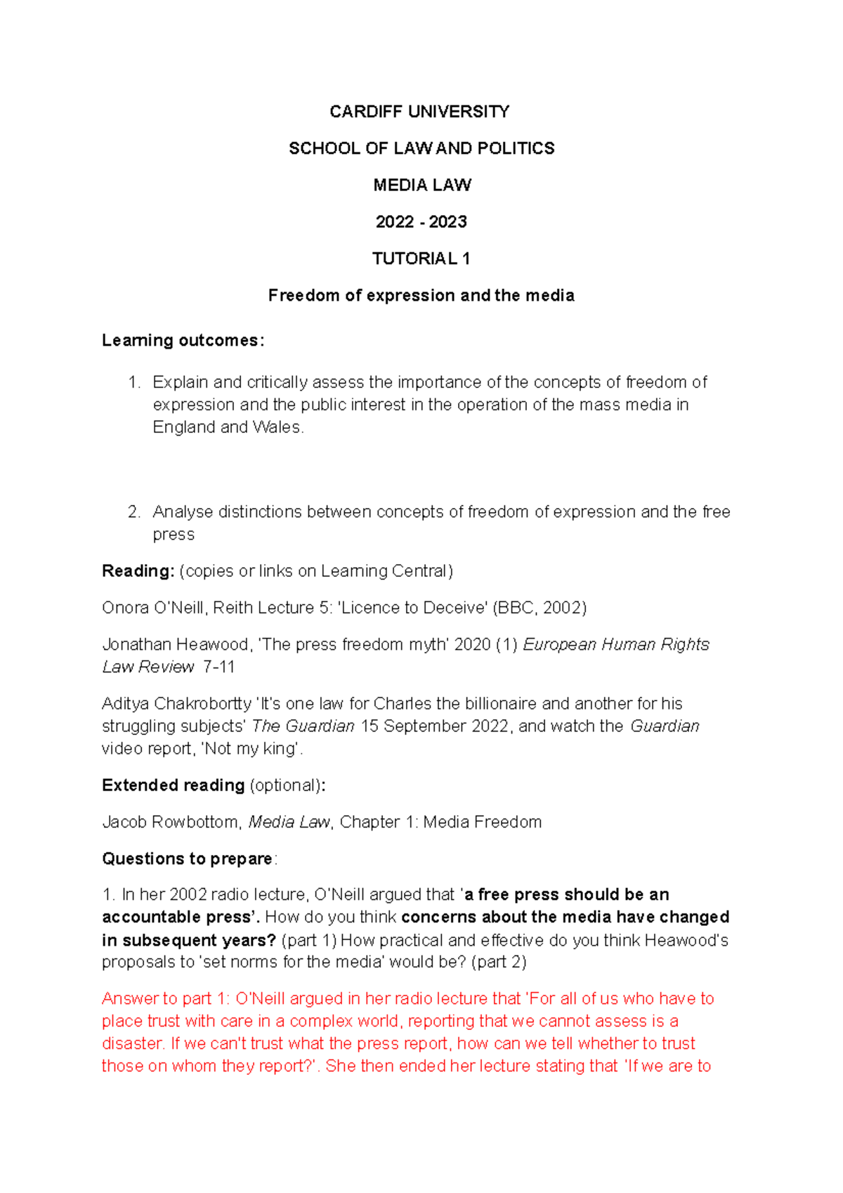 Seminar 1 - Freedom of expression and the media - CARDIFF UNIVERSITY ...