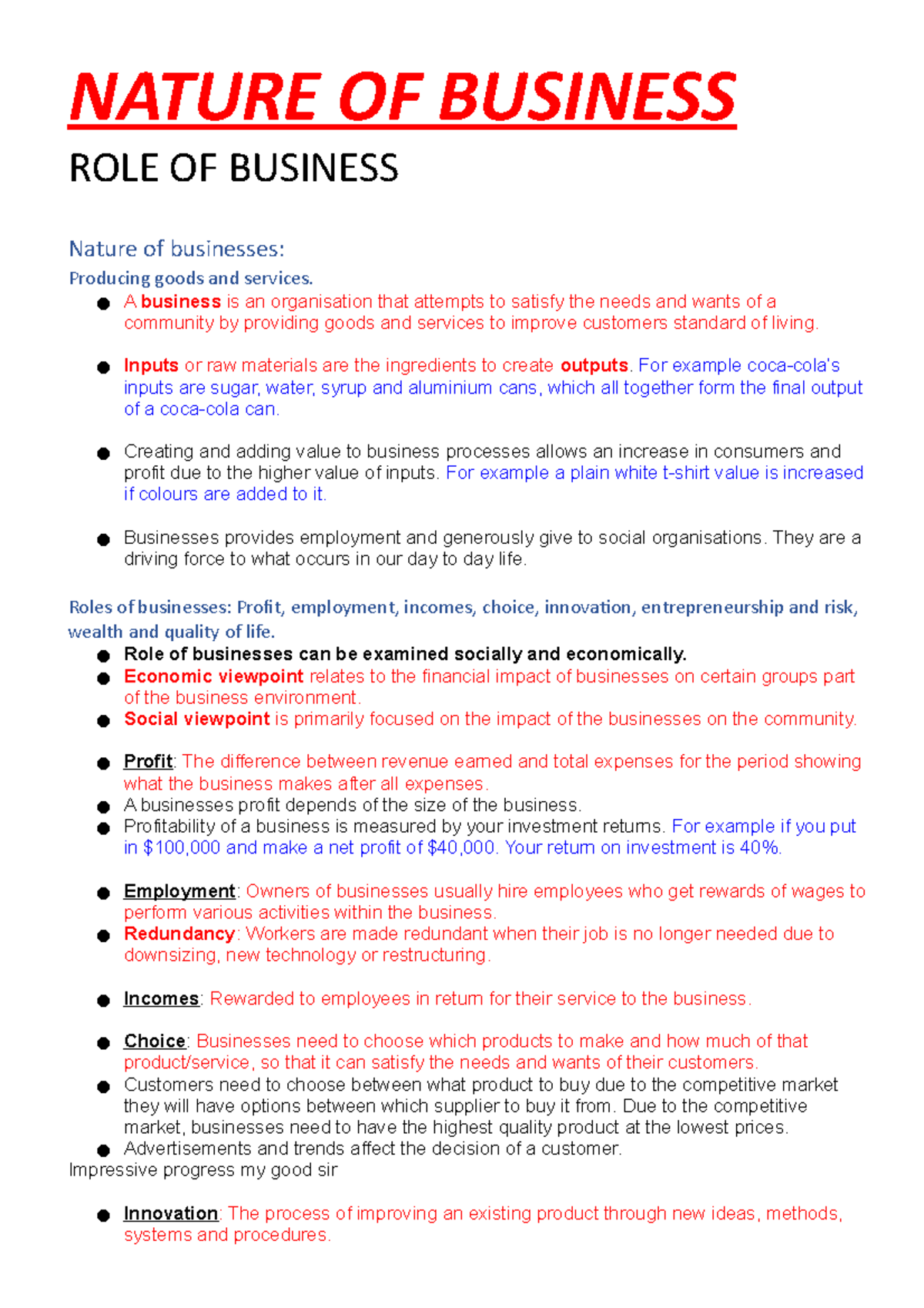 Yr11 Busines Notes - NATURE OF BUSINESS ROLE OF BUSINESS Nature of ...