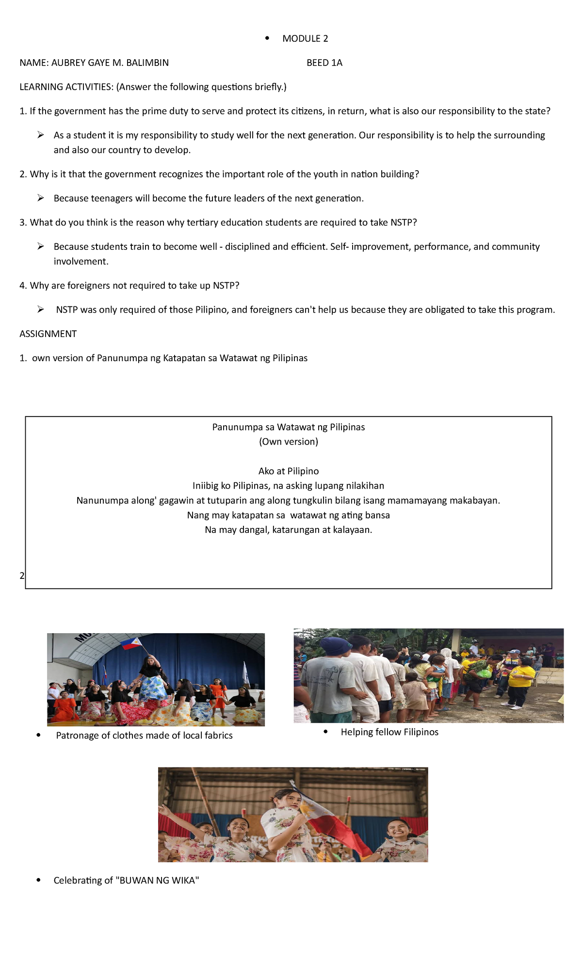 (NSTP Module 2) - Nstp - MODULE 2 NAME: AUBREY GAYE M. BALIMBIN BEED 1A ...