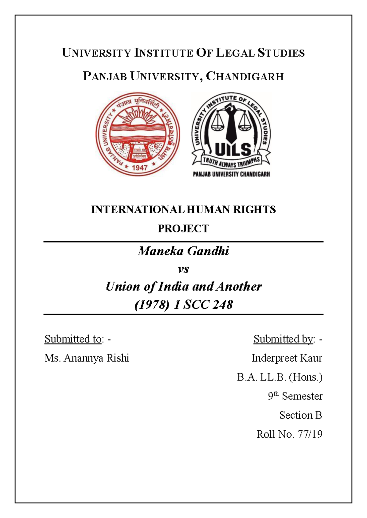 IHR 9TH SEM Project BY Inderpreet KAUR - UNIVERSITY INSTITUTE OF LEGAL STUDIES PANJAB UNIVERSITY ...