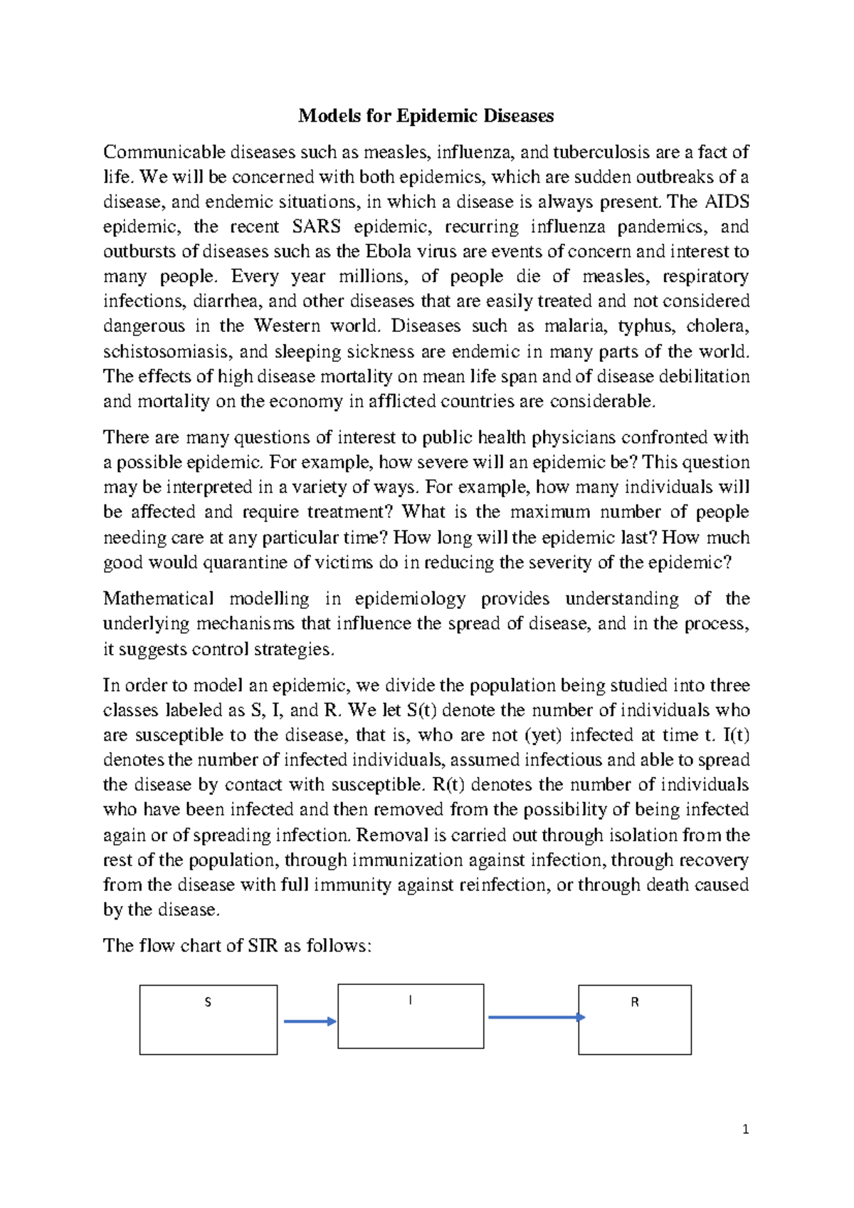 Sir - class note - Models for Epidemic Diseases Communicable diseases ...