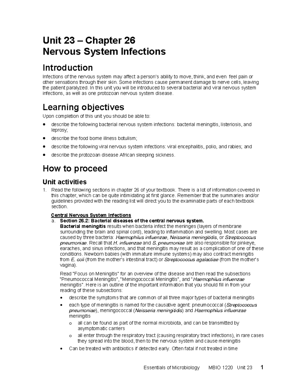 Unit23 9th ed - Essentials of Microbiology MBIO 1220 Unit 23 1 Unit 23 – Chapter 26 Nervous ...