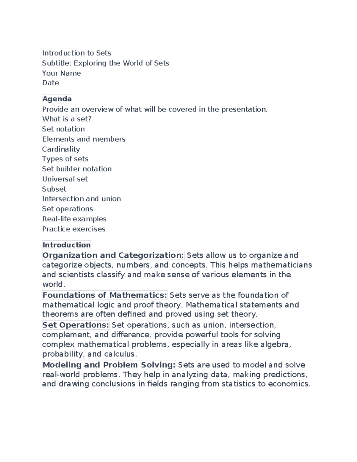 Introduction to Sets - Notes - Introduction to Sets Subtitle: Exploring ...