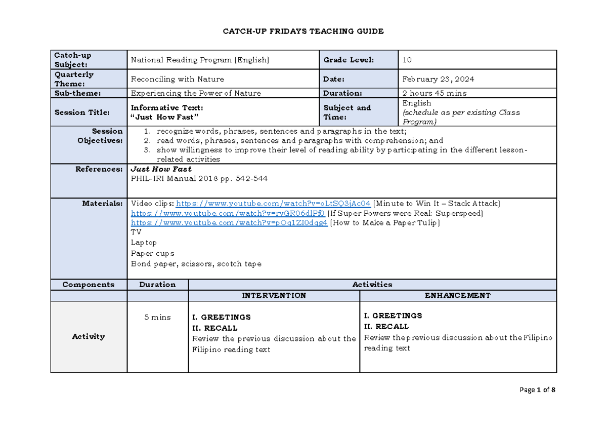 Daily Lesson Log for Reading - Catch-up Subject: National Reading ...
