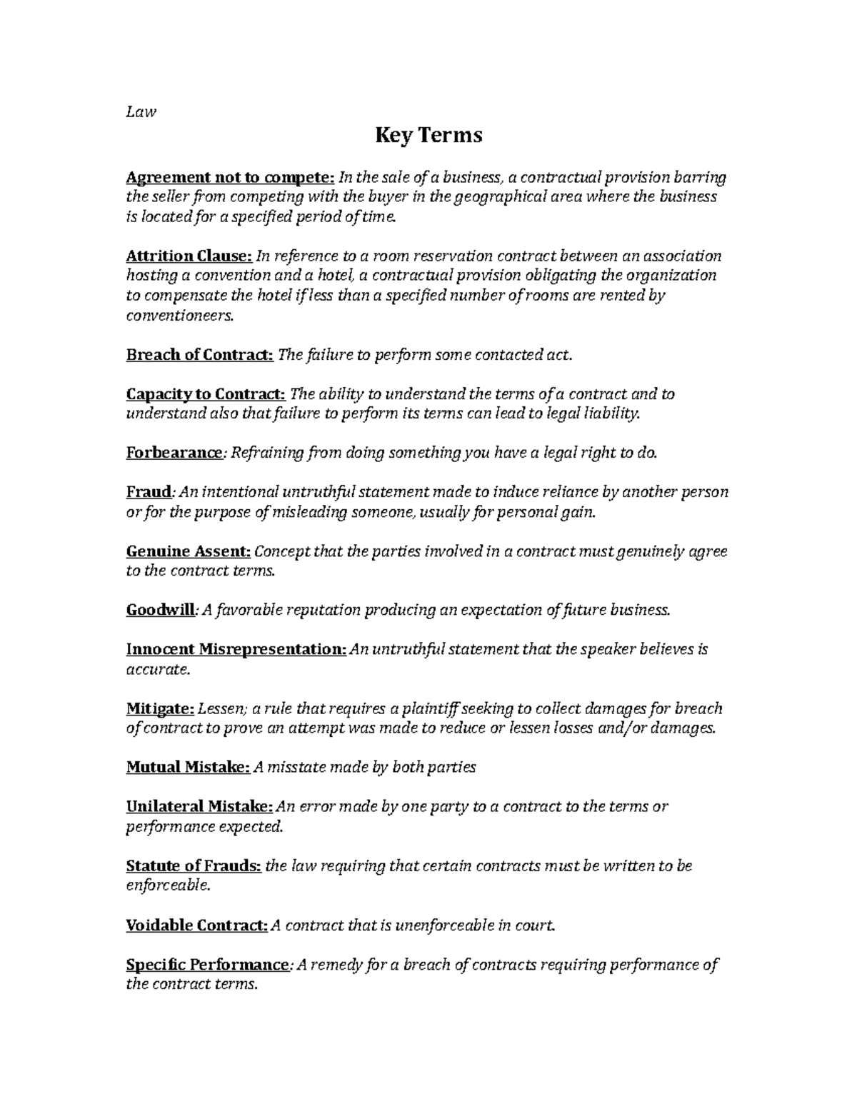 Law Key Terms - Law Key Terms Agreement not to compete: In the sale of ...
