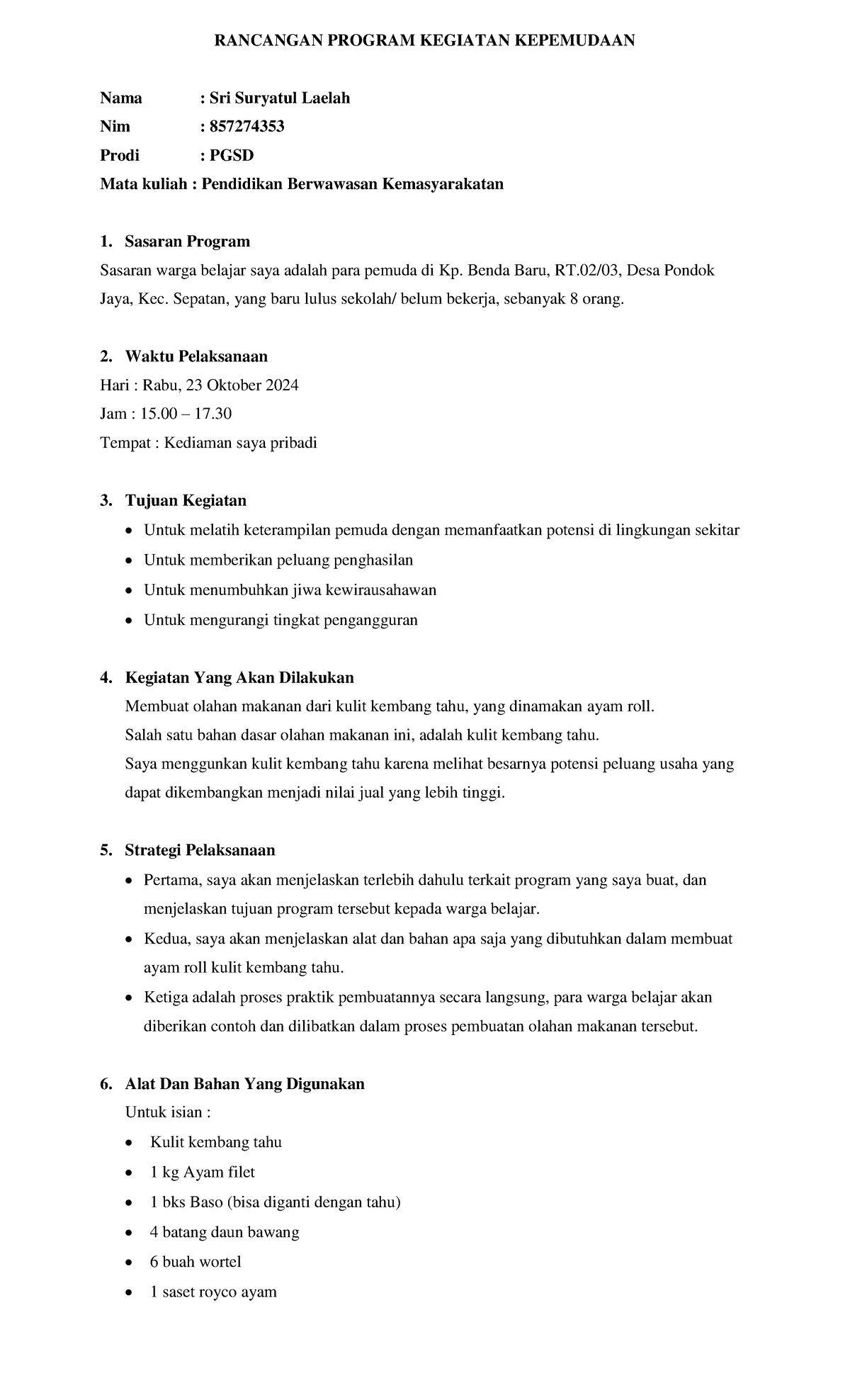 Rancangan Program Kegiatan Kepemudaan (SRI Suryatul Laelah Tugas 2 ...