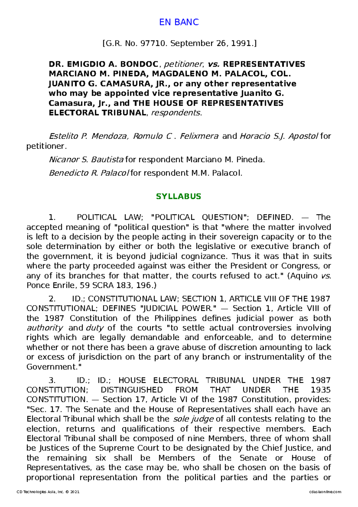 G.R. No. 97710 Bondoc v - EN BANC [G. No. 97710. September 26, 1991 ...
