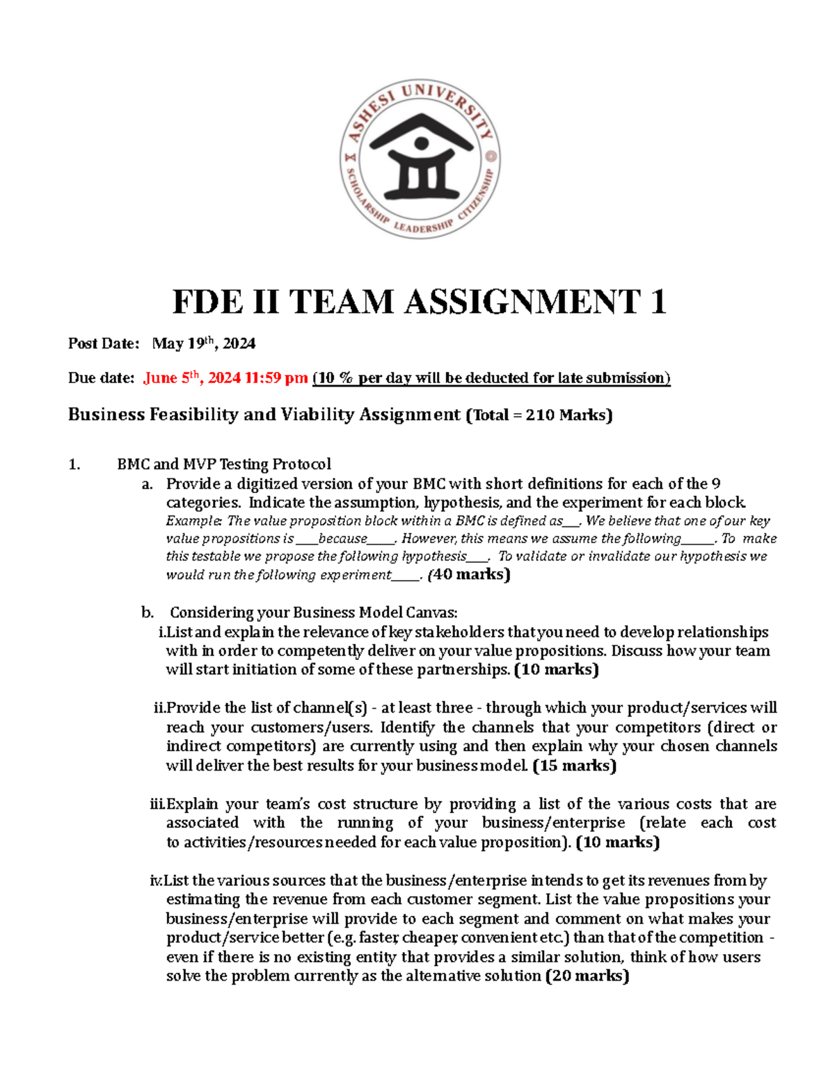 FDE II Team Assignment I 2024-1 - FDE II TEAM ASSIGNMENT 1 Post Date: May 19th, 2024 Due date ...