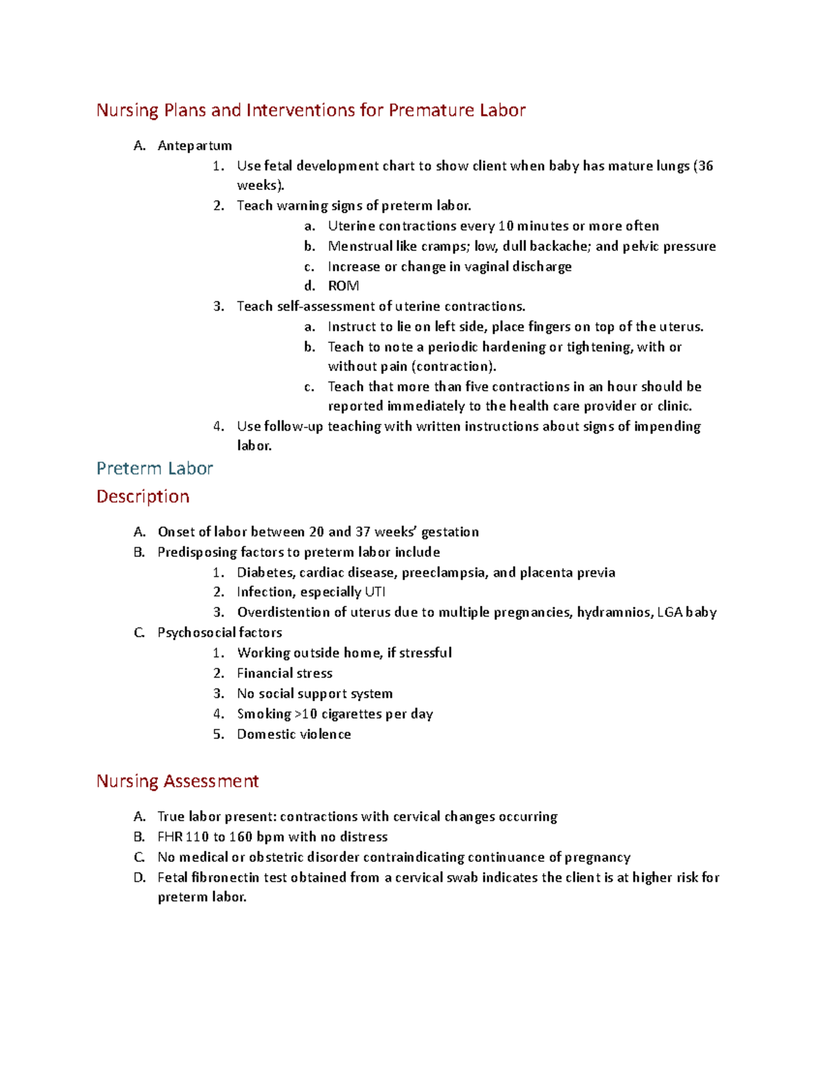 Class Notes 6 - Nursing Plans and Interventions for Premature Labor A ...