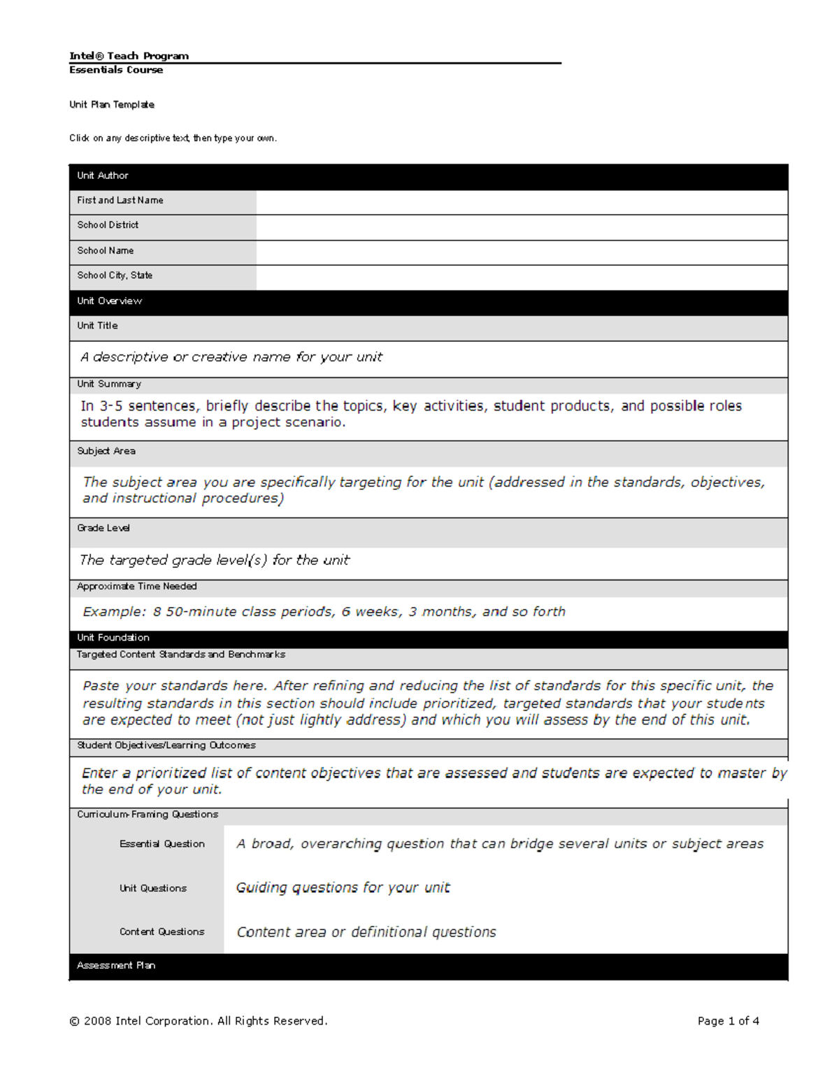 Thematic Unit Lesson Plan Free Word Download - Intel® Teach Program ...