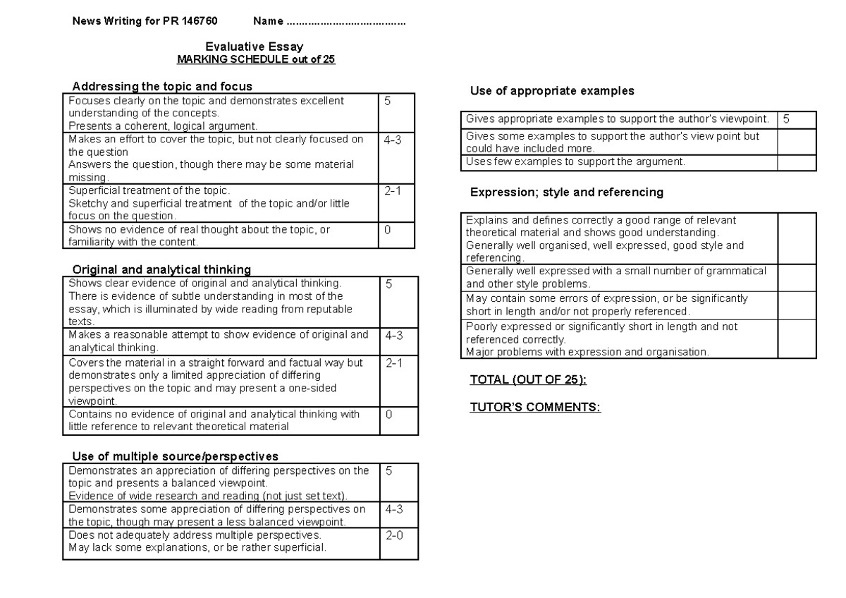 PR Essay marking schedule 1 page version - News Writing for PR 146760 ...