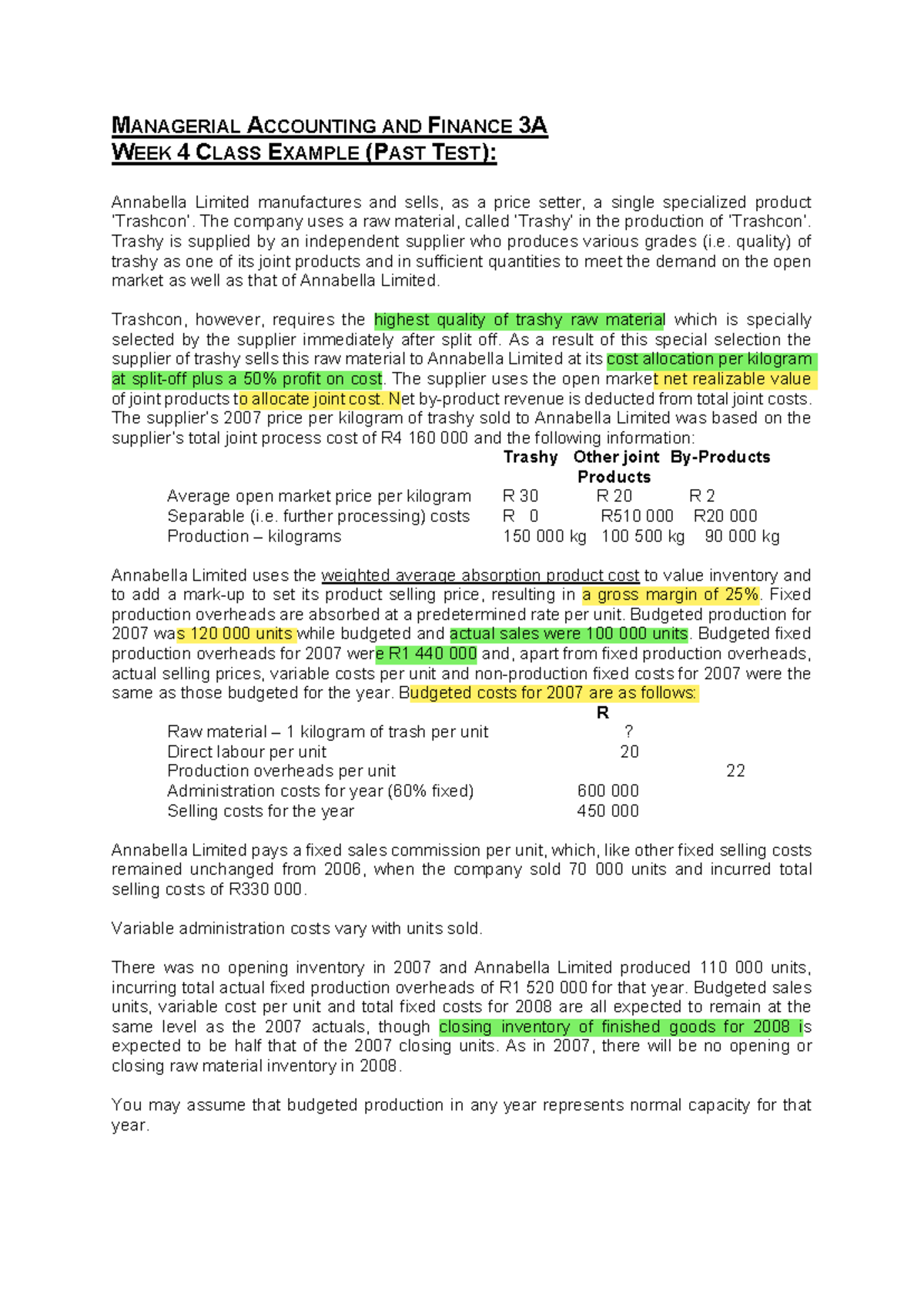 ACCT331 Week 4 Class example - MANAGERIAL A CCOUNTING AND F INANCE 3A ...