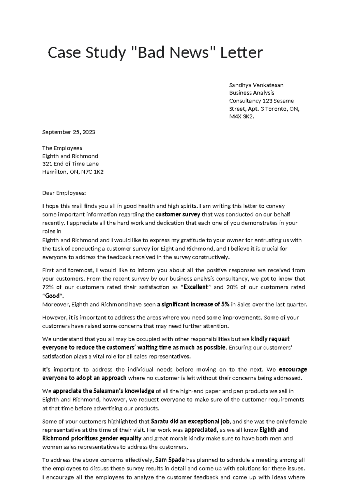 Case Study bad News Letter - Case Study "Bad News" Letter Sandhya ...