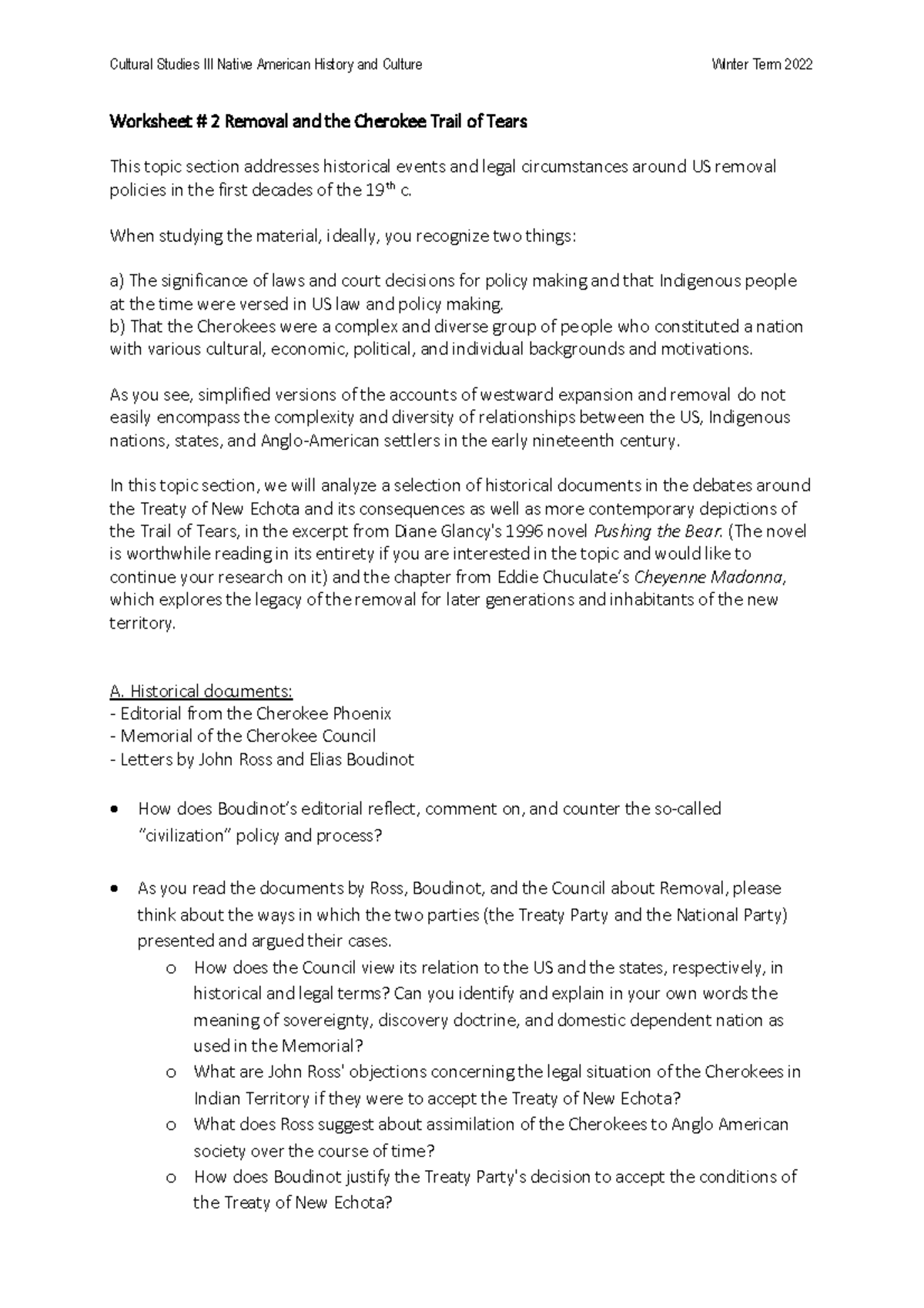 Ws Removal and Cherokee Trail of Tears WS 2022 23 - Cultural Studies ...