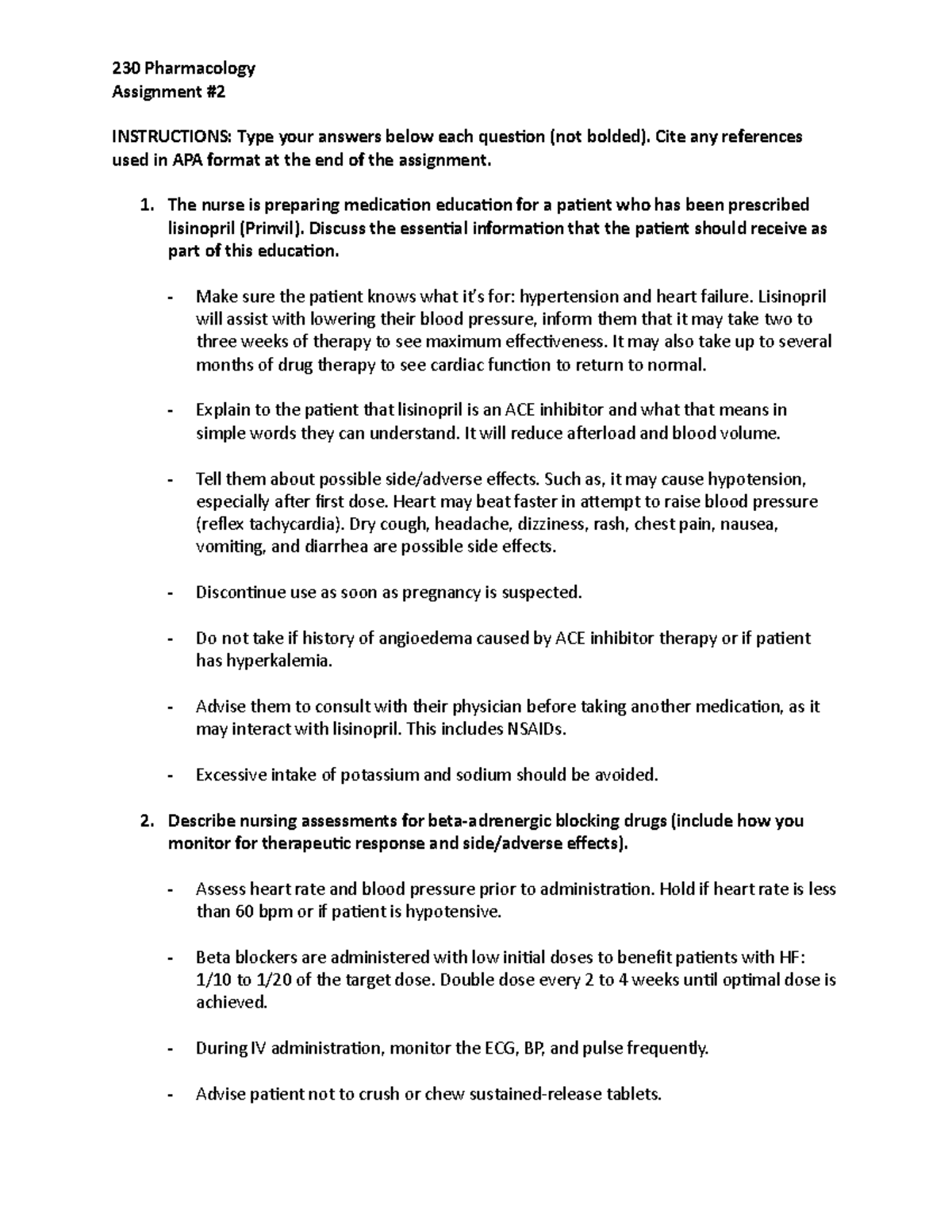 Pharmacology assignment #2 - 230 Pharmacology Assignment # INSTRUCTIONS ...