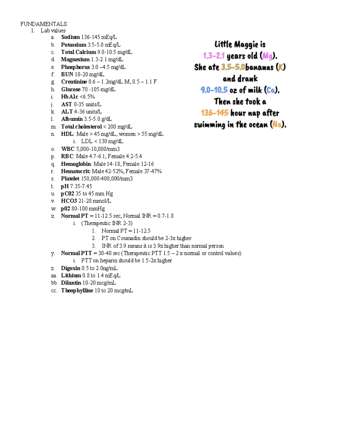 Nclex Review Comprehensive - FUNDAMENTALS Lab values a. Sodium 136 -145 ...