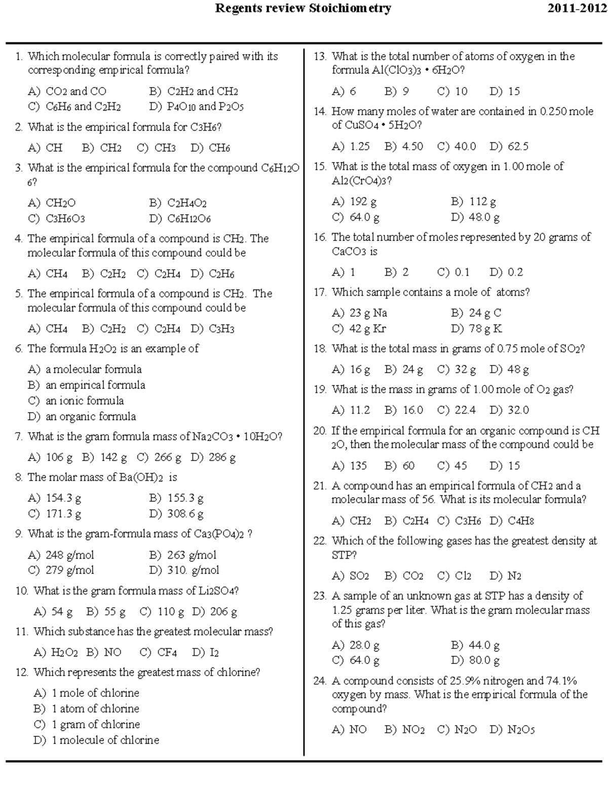 Regents review stoichiometry - The molecular formula of this compound ...