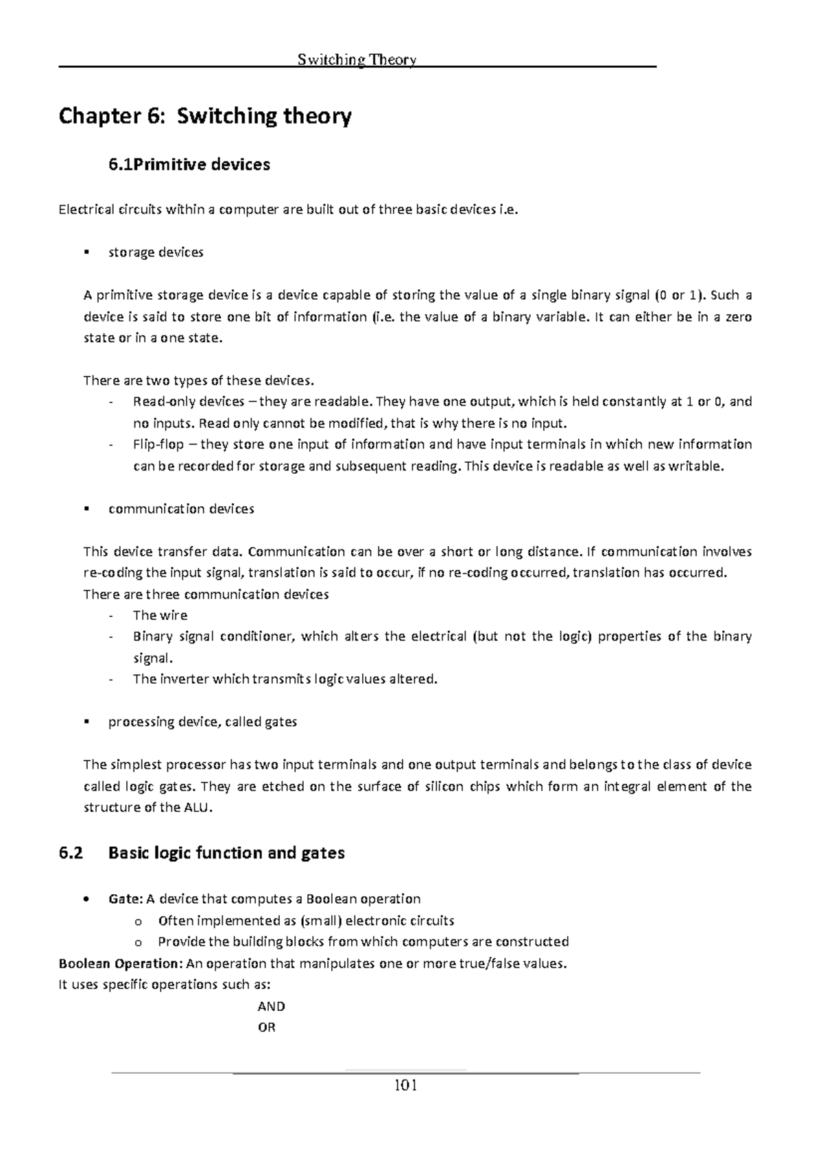 Chapter 6 - Chapter 6: Switching theory 6 devices Electrical circuits within a computer are ...
